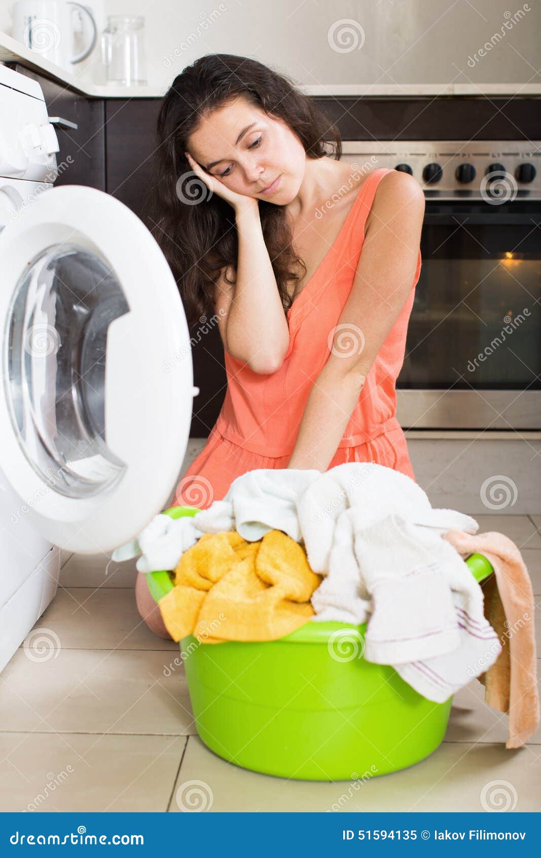 Sad Woman Washing Clothes in Machine Stock Image - Image of home ...