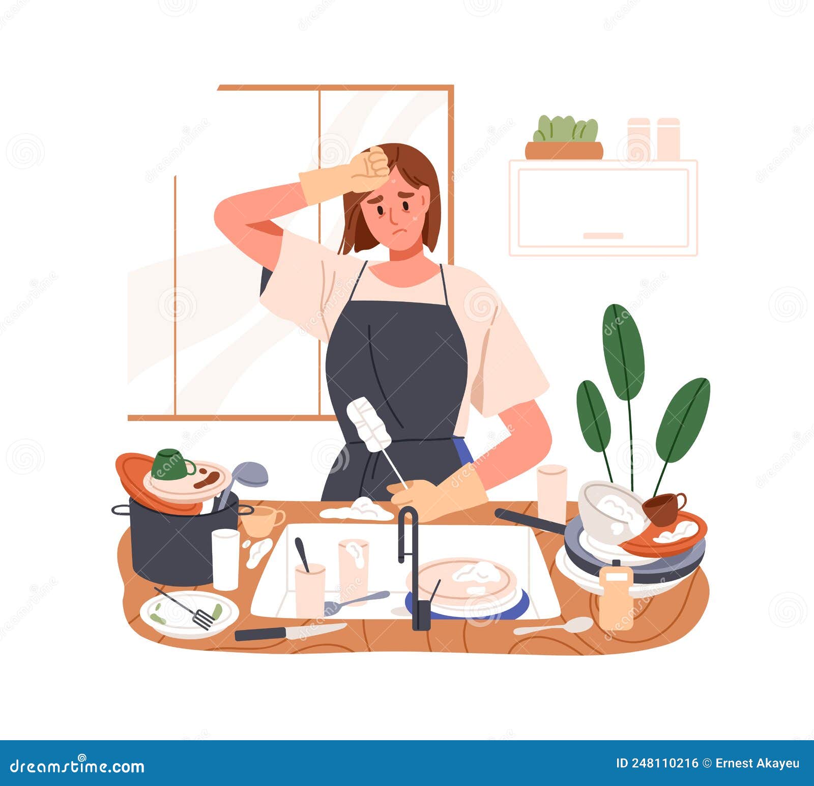 Sad Woman Washing Dishes Tired With Household Chores Housework