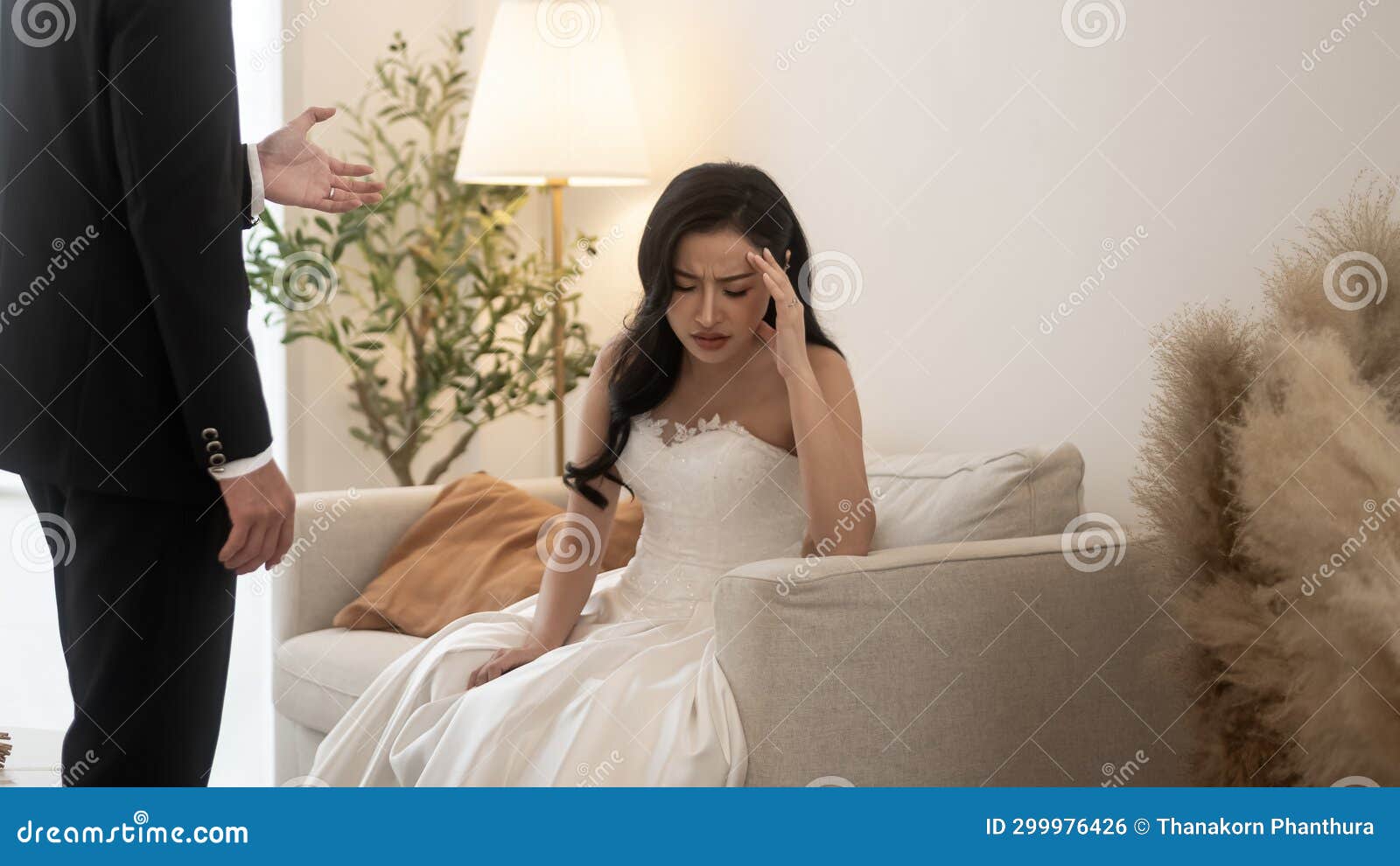 Sad and Worried Bride Crying and Arguing with Groom in Wedding Day ...
