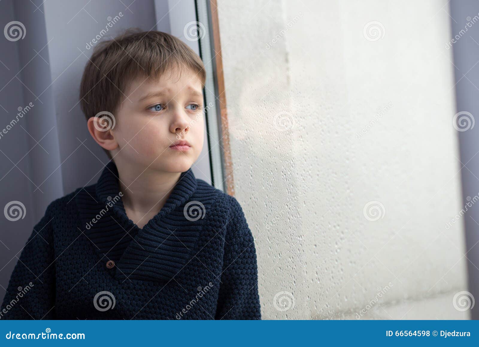 Sad 7 Years Boy Child Looking Out the Window. Stock Photo - Image of ...