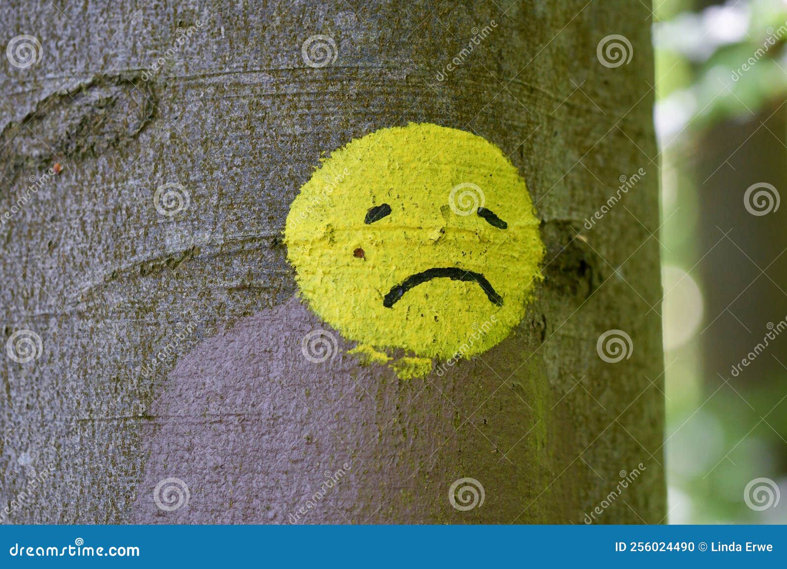 A Sad Yellow Smiley Face Painted on a Tree Stock Photo - Image of angry ...