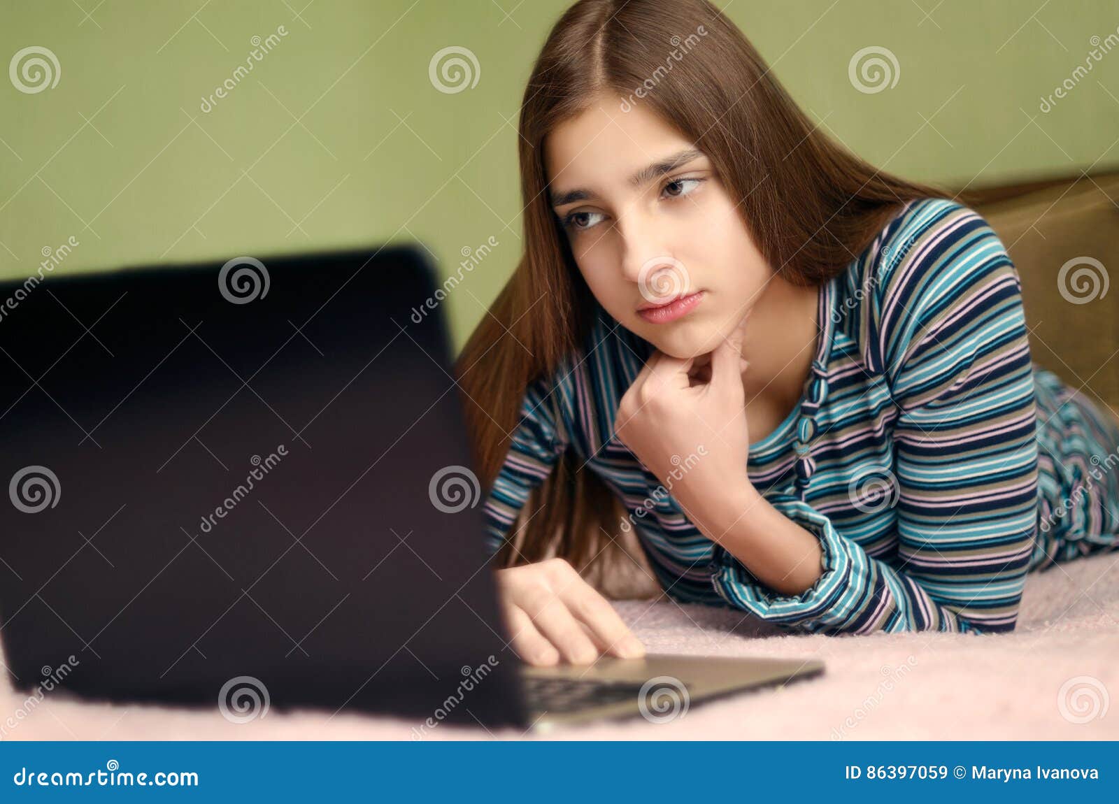 Sad Young Beautiful Girl Using Laptop Computer Doing Her Homework Stock ...