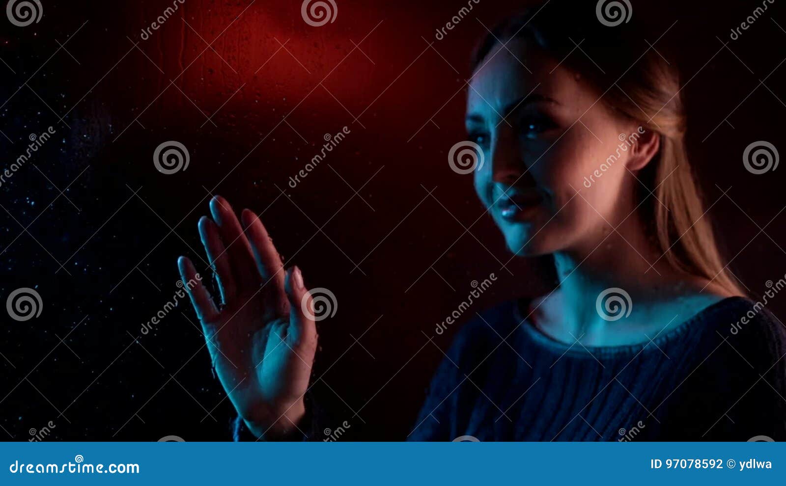 Sad Young Dreamy Woman Near Steamy Glass Window Touching Drawing Heart