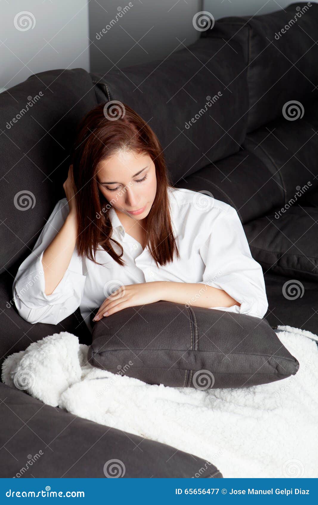 Sad Young Girl Relaxing at Home Stock Image - Image of leisure, pensive ...