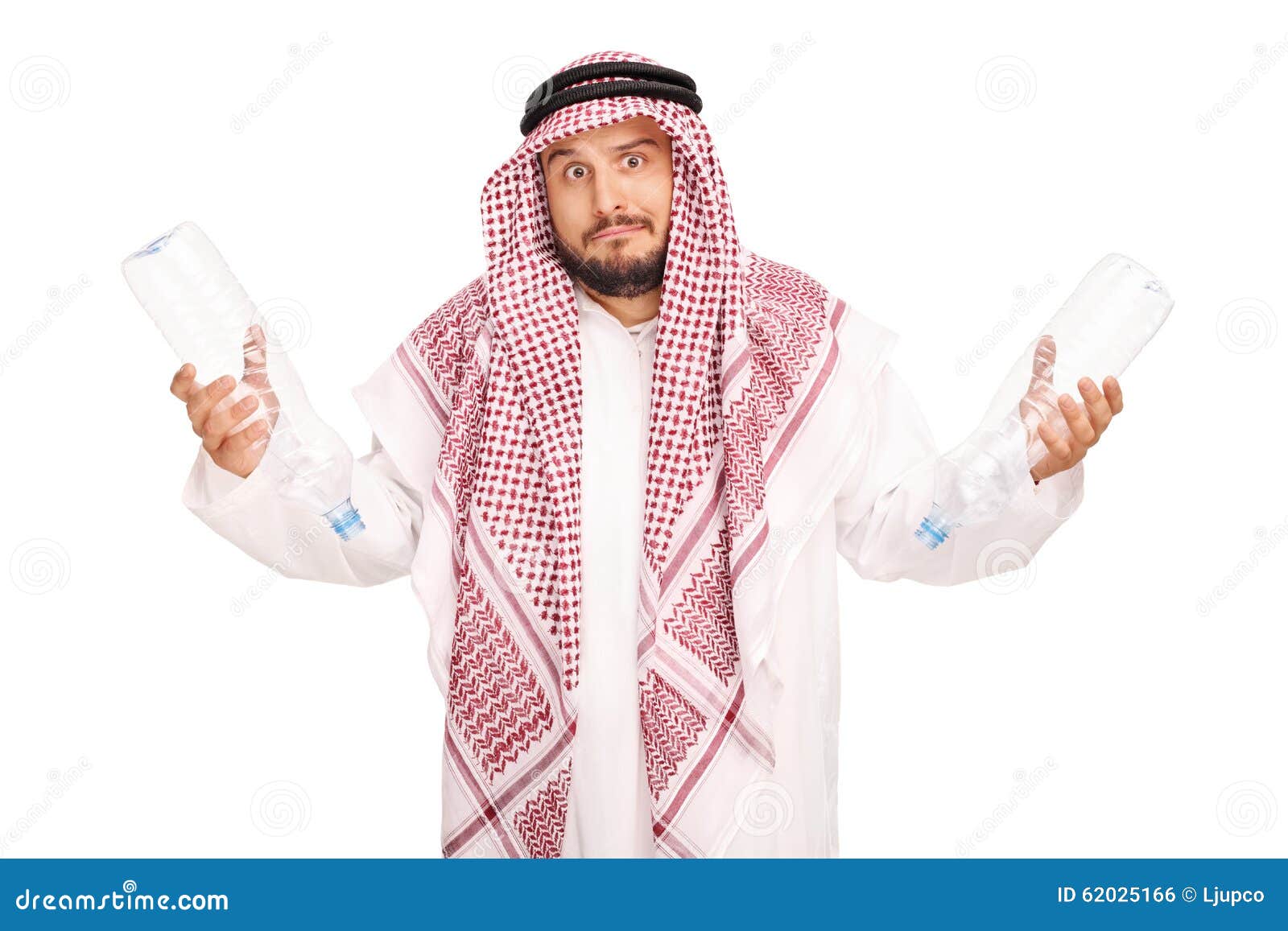 Sad Young Male Arab Holding Two Empty Bottles Stock Photo - Image of ...