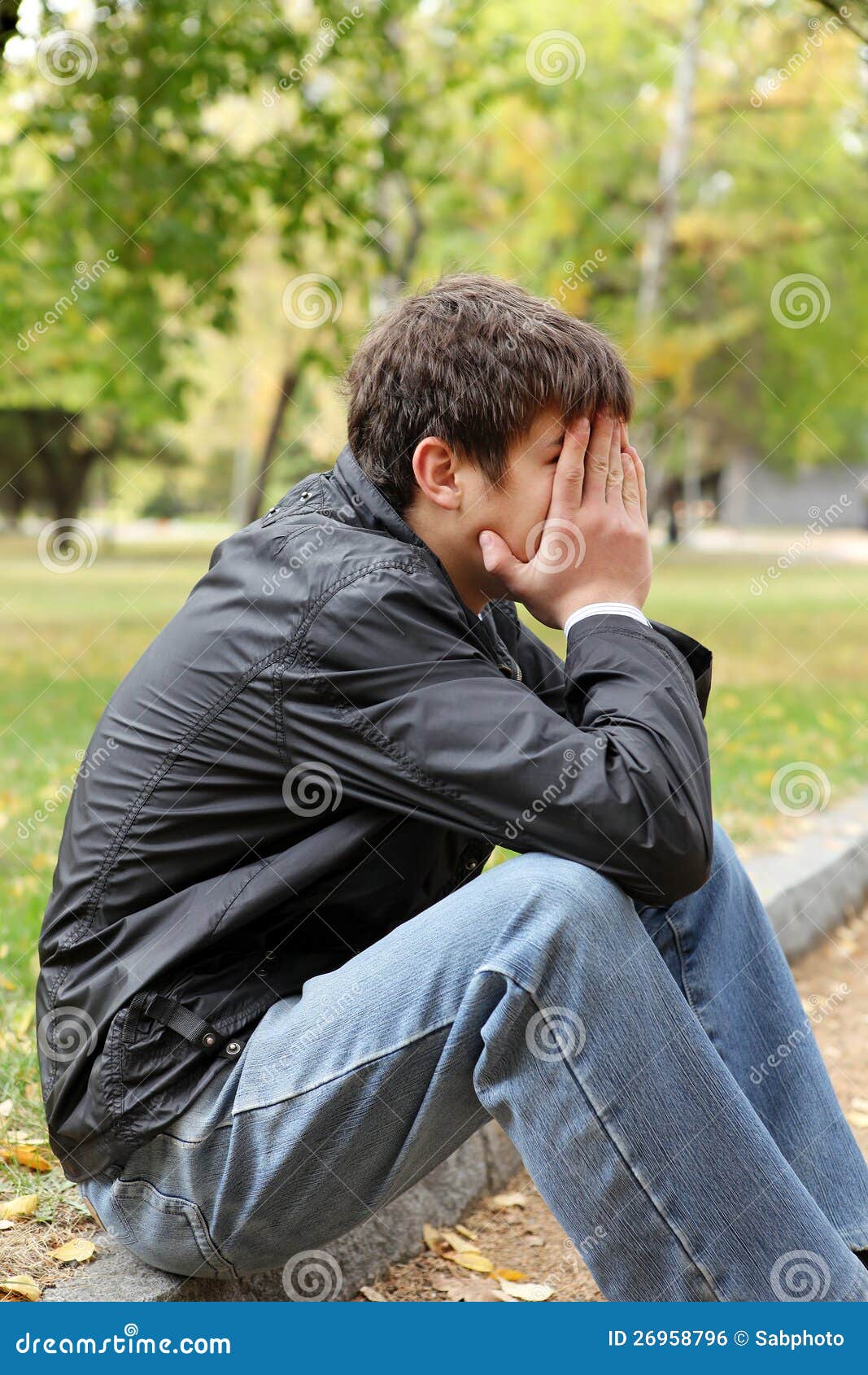 Sad young man stock photo. Image of alone, face, forest - 26958796