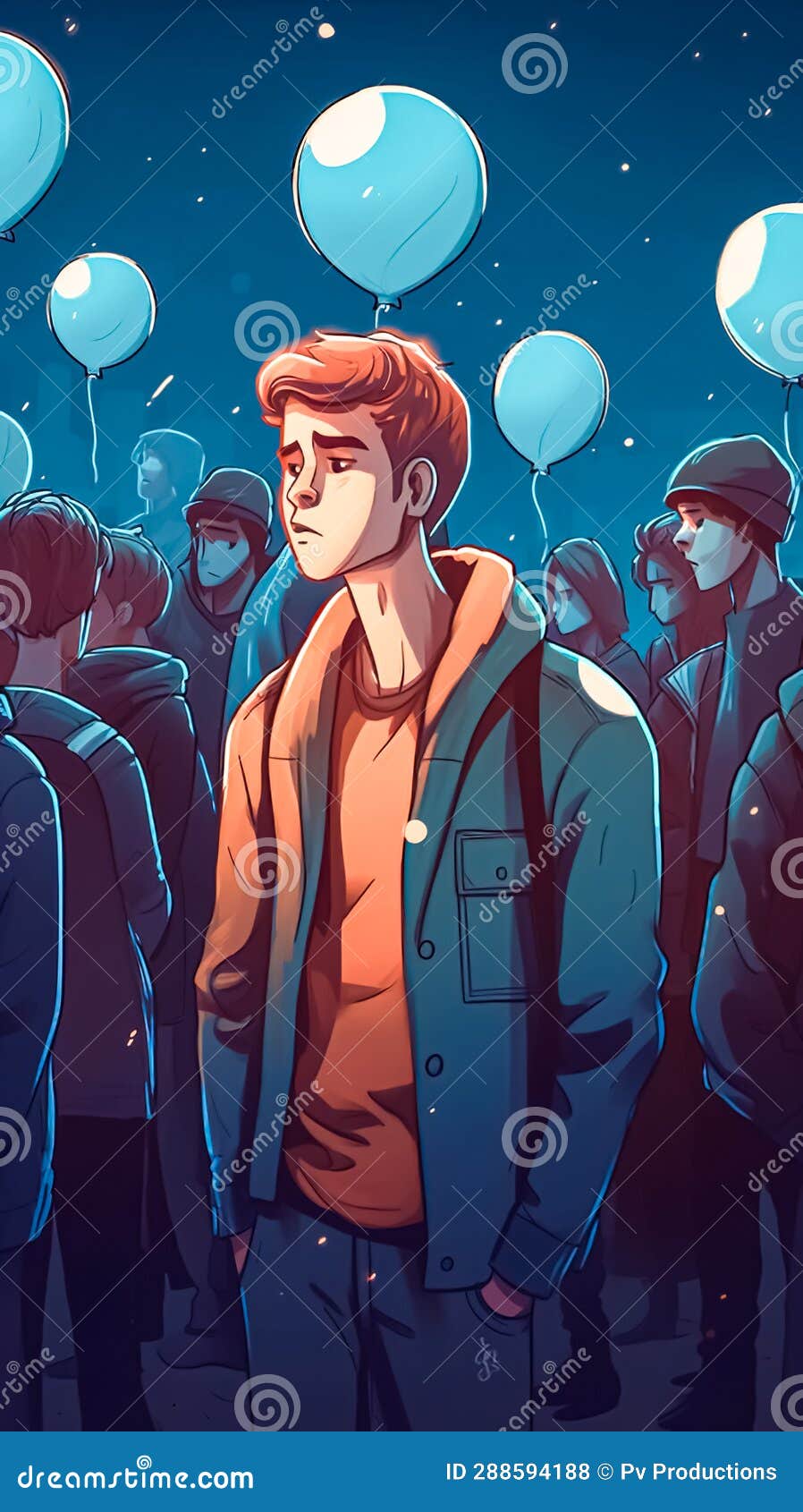 Sad Young Man in a Crowd of People, Generative AI. Stock Illustration ...