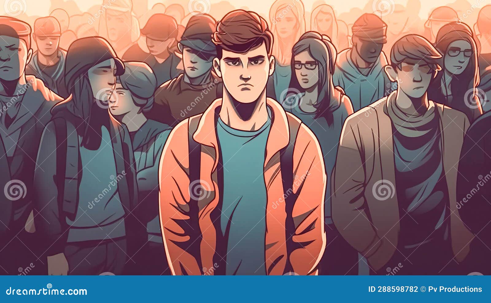 Sad Young Man in a Crowd of People, Generative AI. Stock Illustration ...