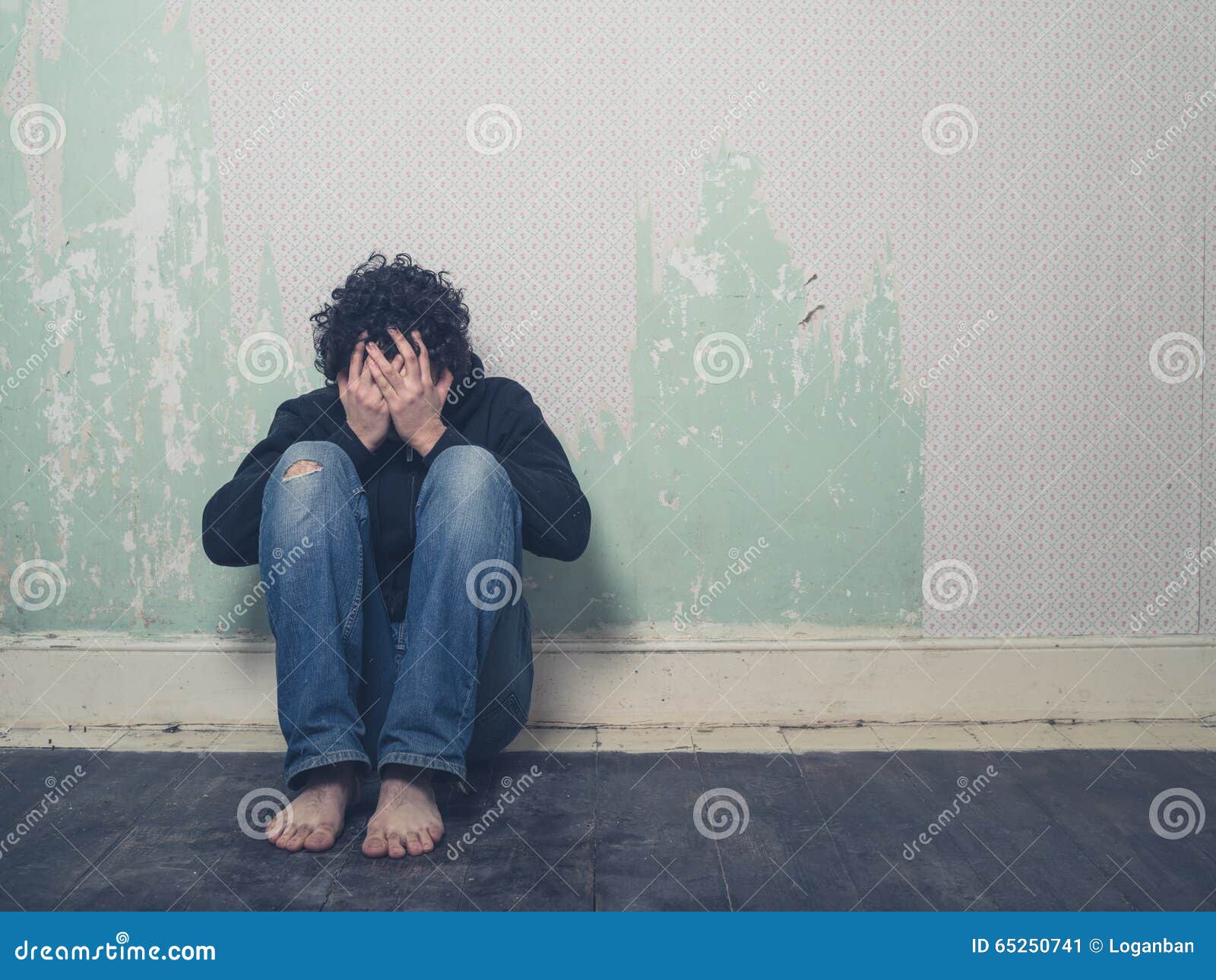 Sad Young Man in Empty Room Stock Image - Image of illness, mental ...