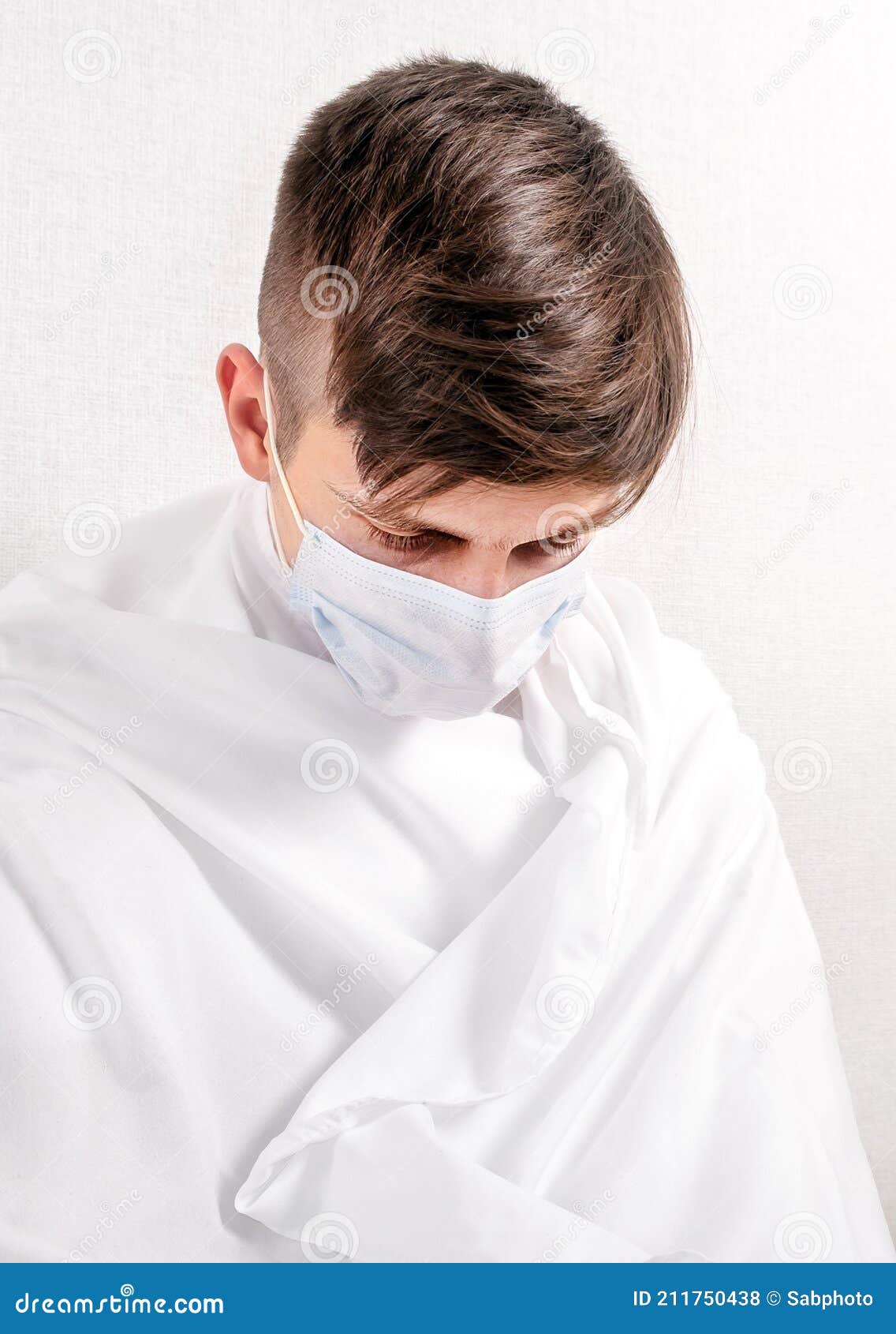 Sad Young Man in a Flu Mask Stock Photo - Image of room, person: 211750438