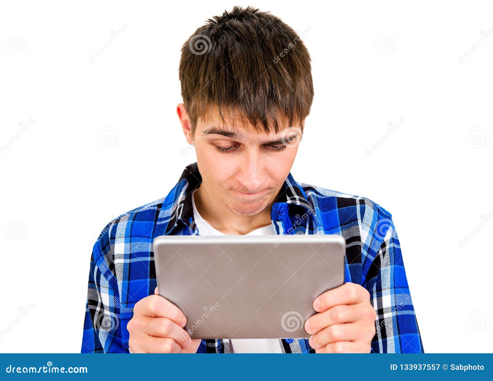 Sad Young Man with a Tablet Stock Image - Image of anxiety, hands ...