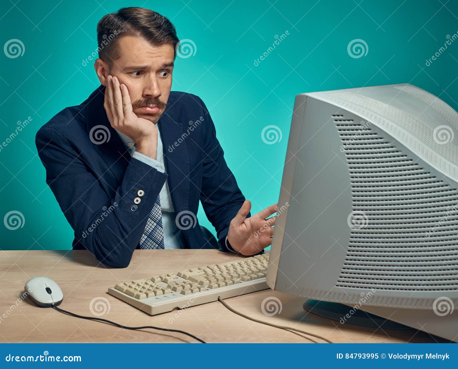 Sad Young Man Working on Computer at Desk Stock Image - Image of home ...
