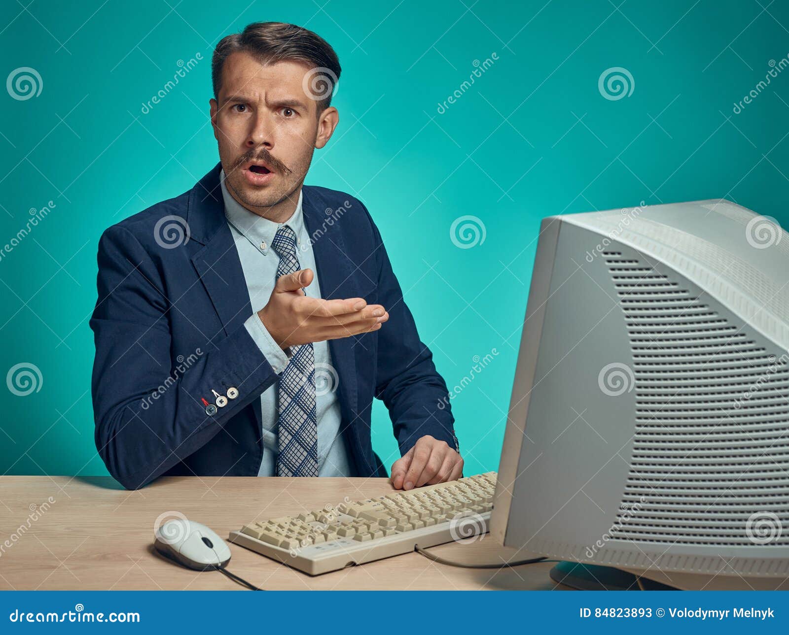 Sad Young Man Working on Computer at Desk Stock Image - Image of ...