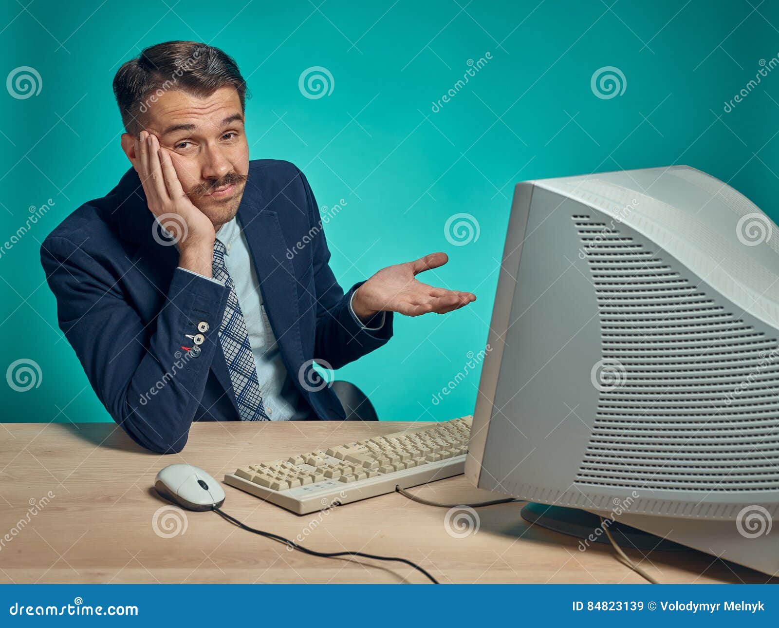 Sad Young Man Working on Computer at Desk Stock Image - Image of head ...