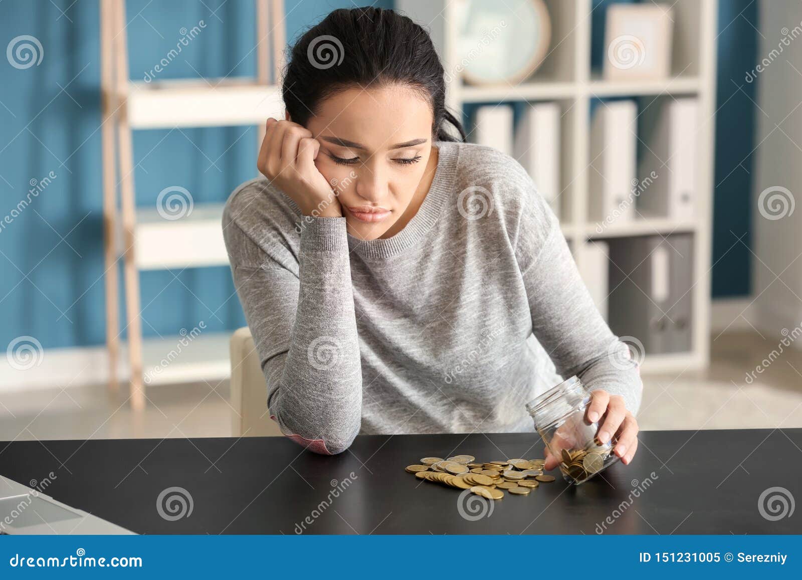 Sad Young Woman Counting Coins at Table Stock Image - Image of clothes ...
