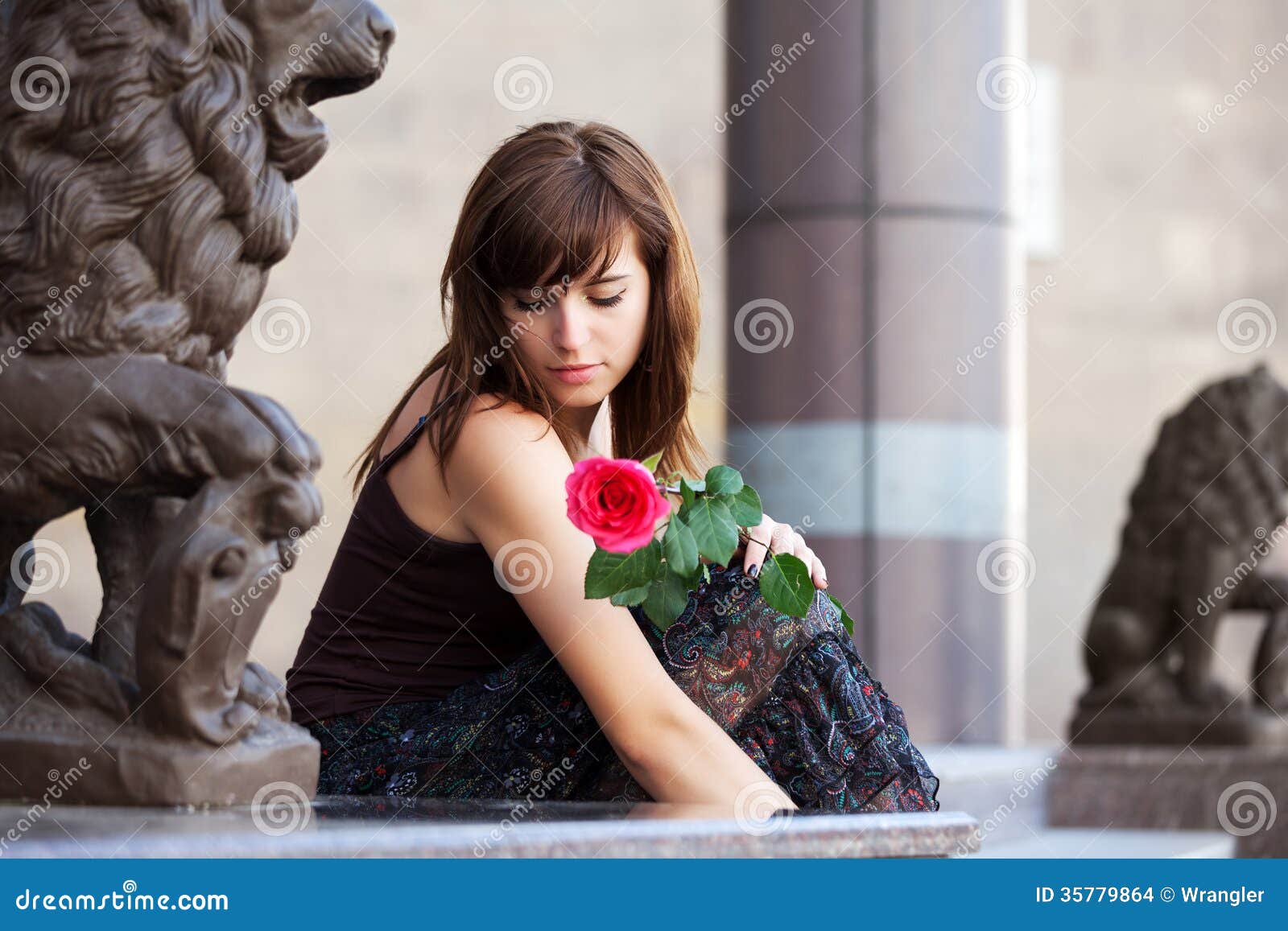 Sad Young Woman with a Red Rose Stock Photo - Image of outside, concept ...
