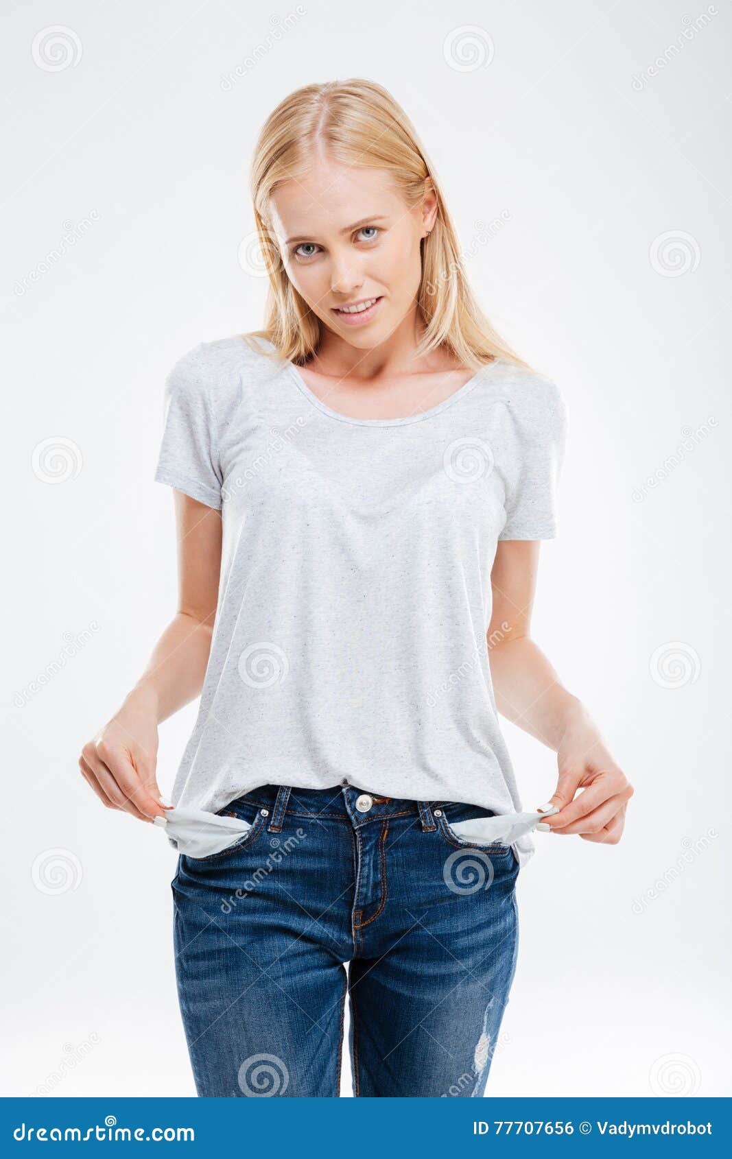 Sad Young Woman Showing Empty Pockets Stock Photo - Image of finance ...