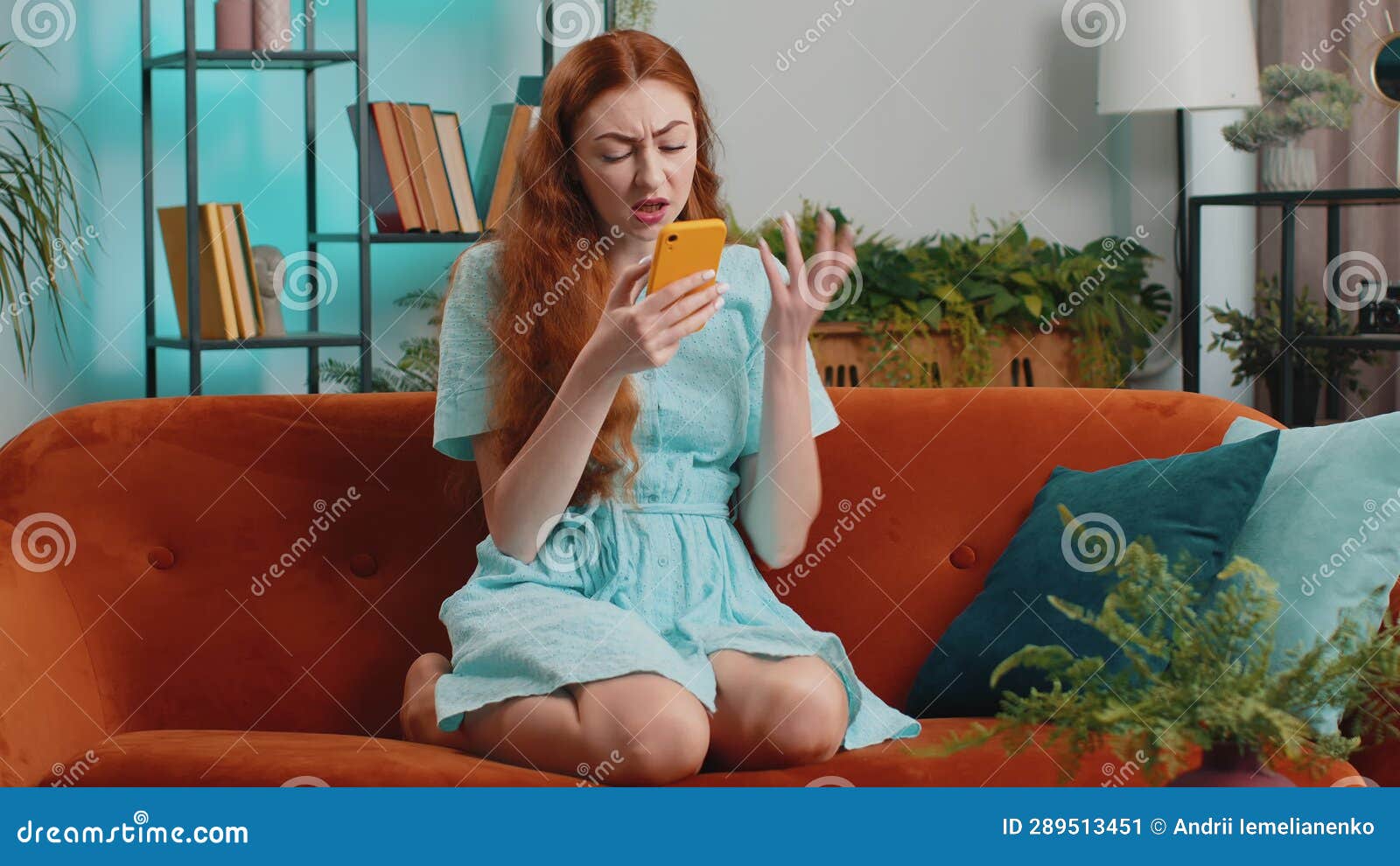 Sad Young Woman Use Smartphone Surprised By Bad News Fortune Loss