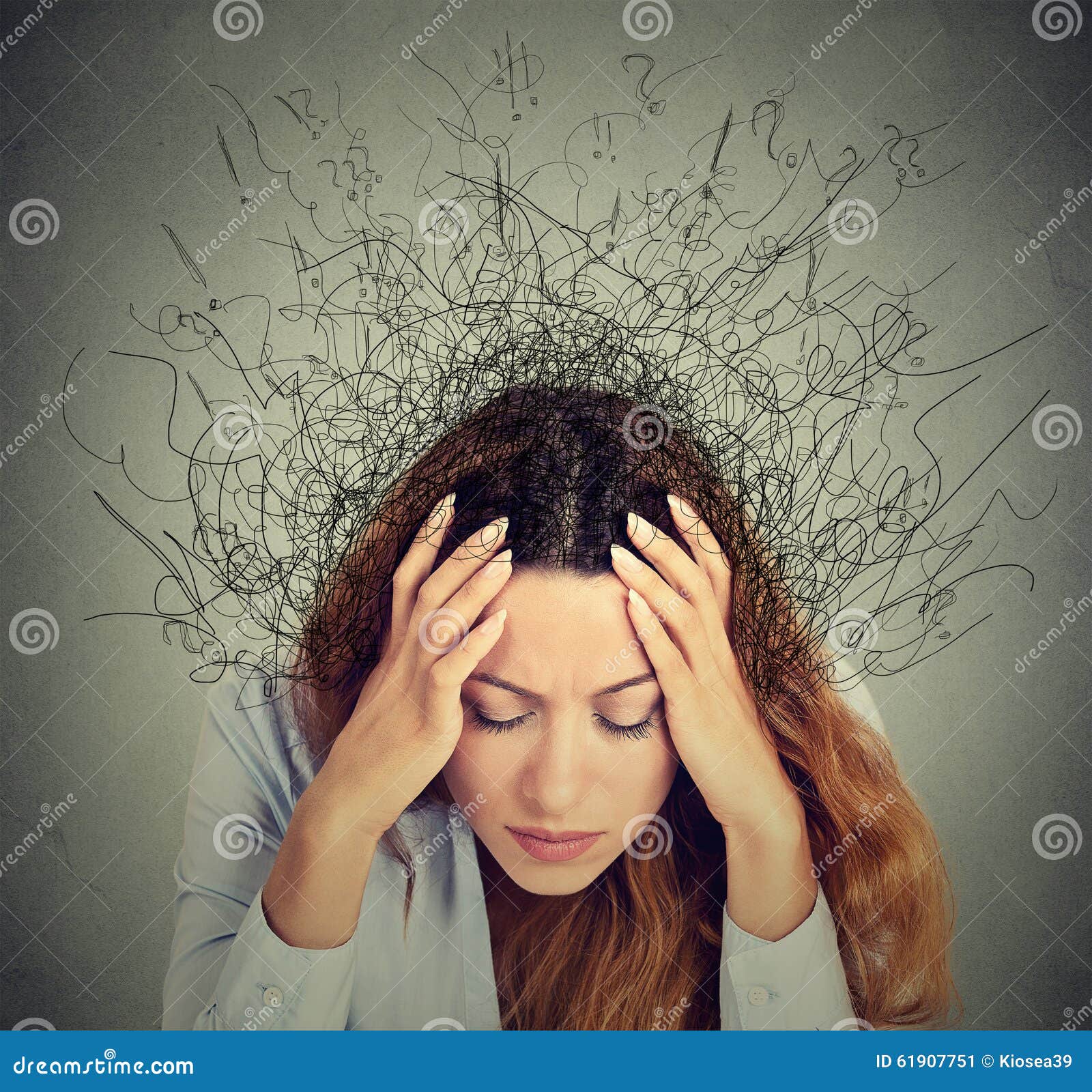 Sad Young Woman With Worried Stressed Face Expression And Brain Melting