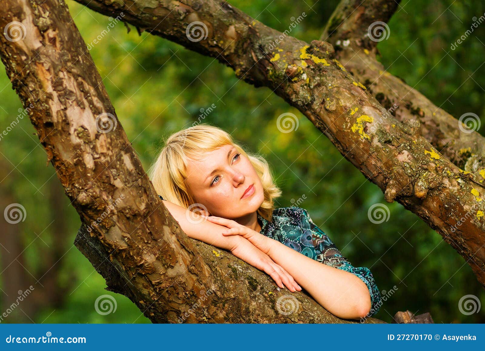 Sadness Girl Sitting on a Tree Branch Stock Photo - Image of tree ...
