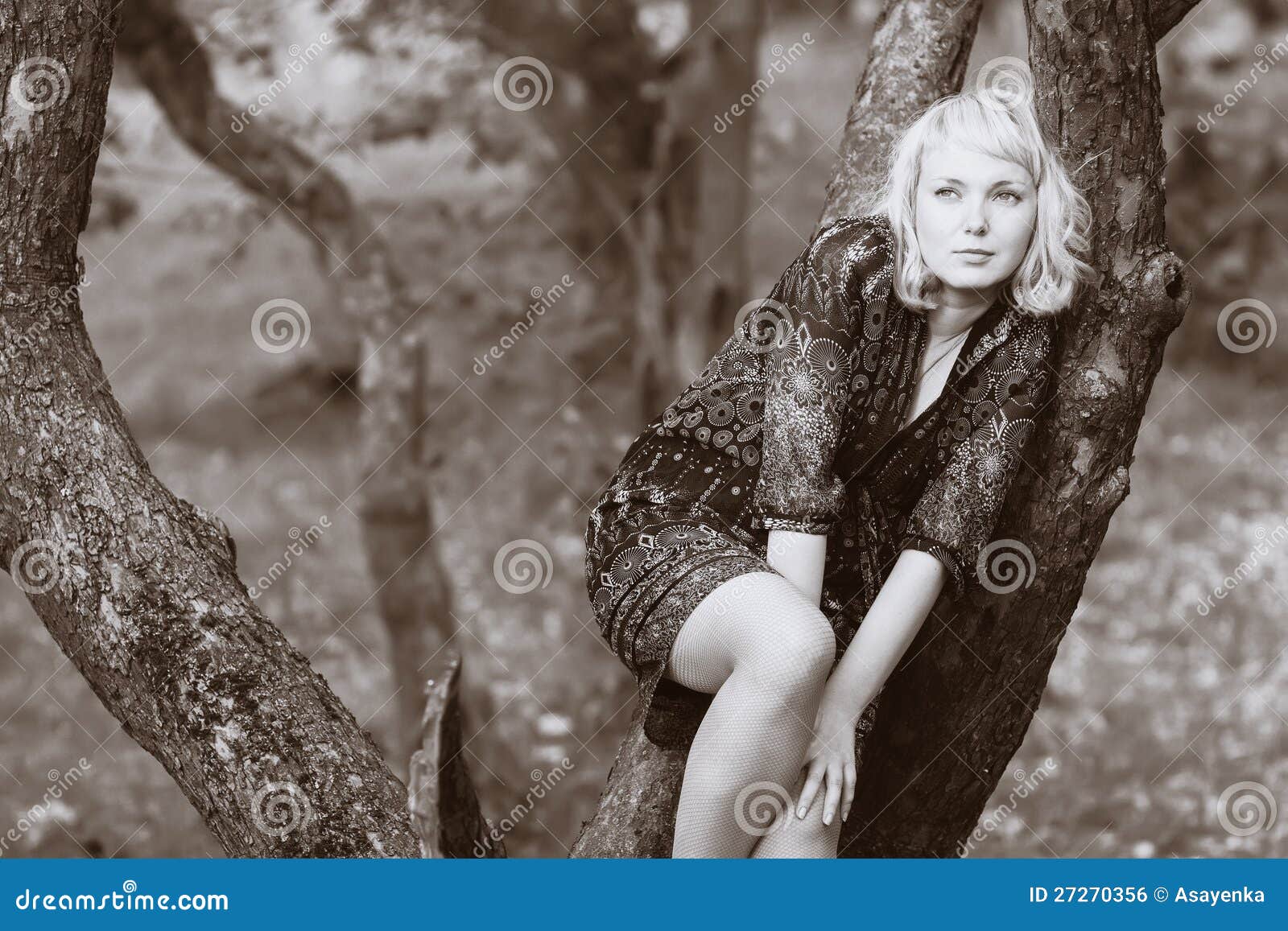 Sadness Girl Sitting on a Tree Branch Stock Photo - Image of cute ...