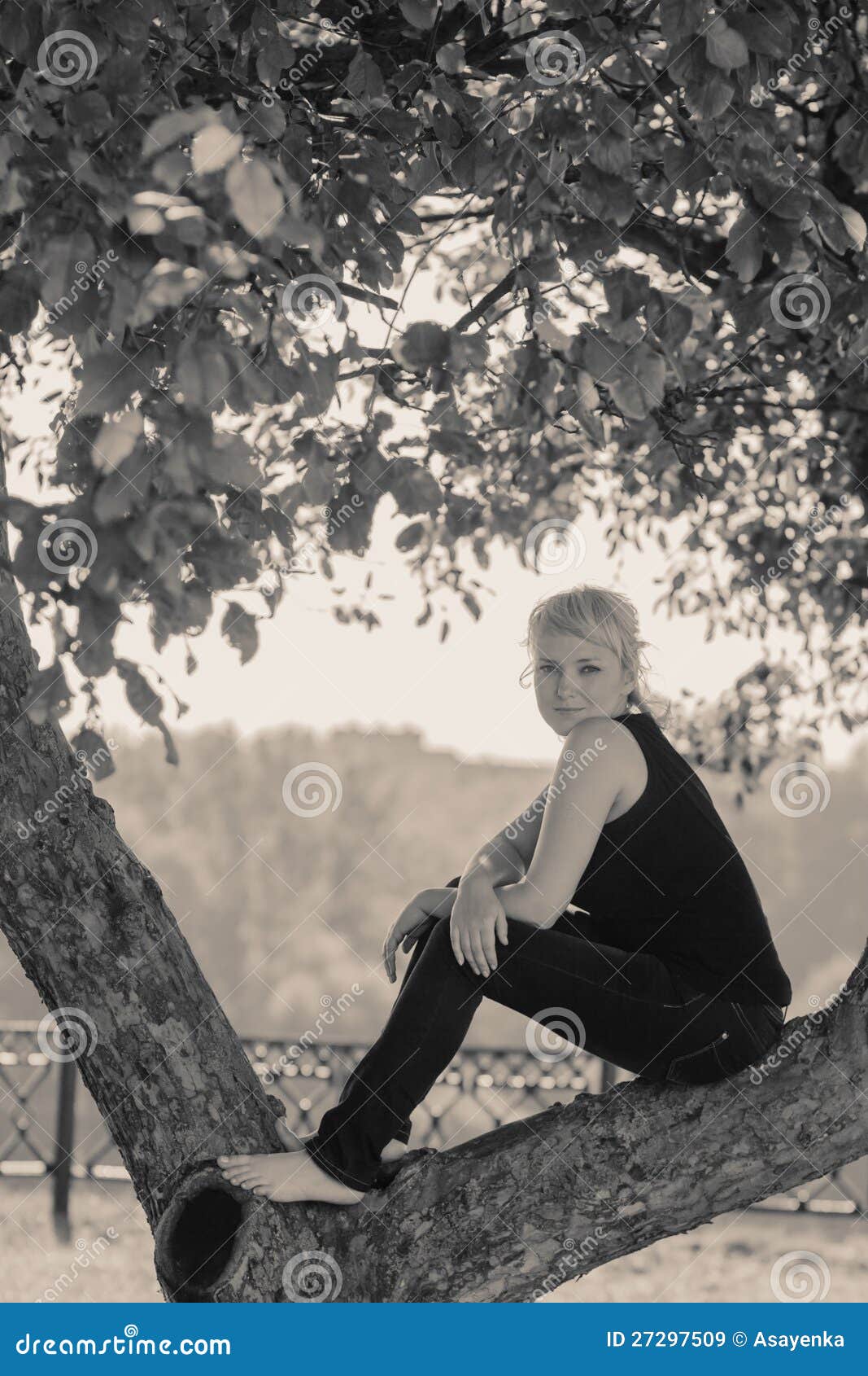 Sadness Girl Sitting on a Tree Branch Stock Image - Image of cute ...