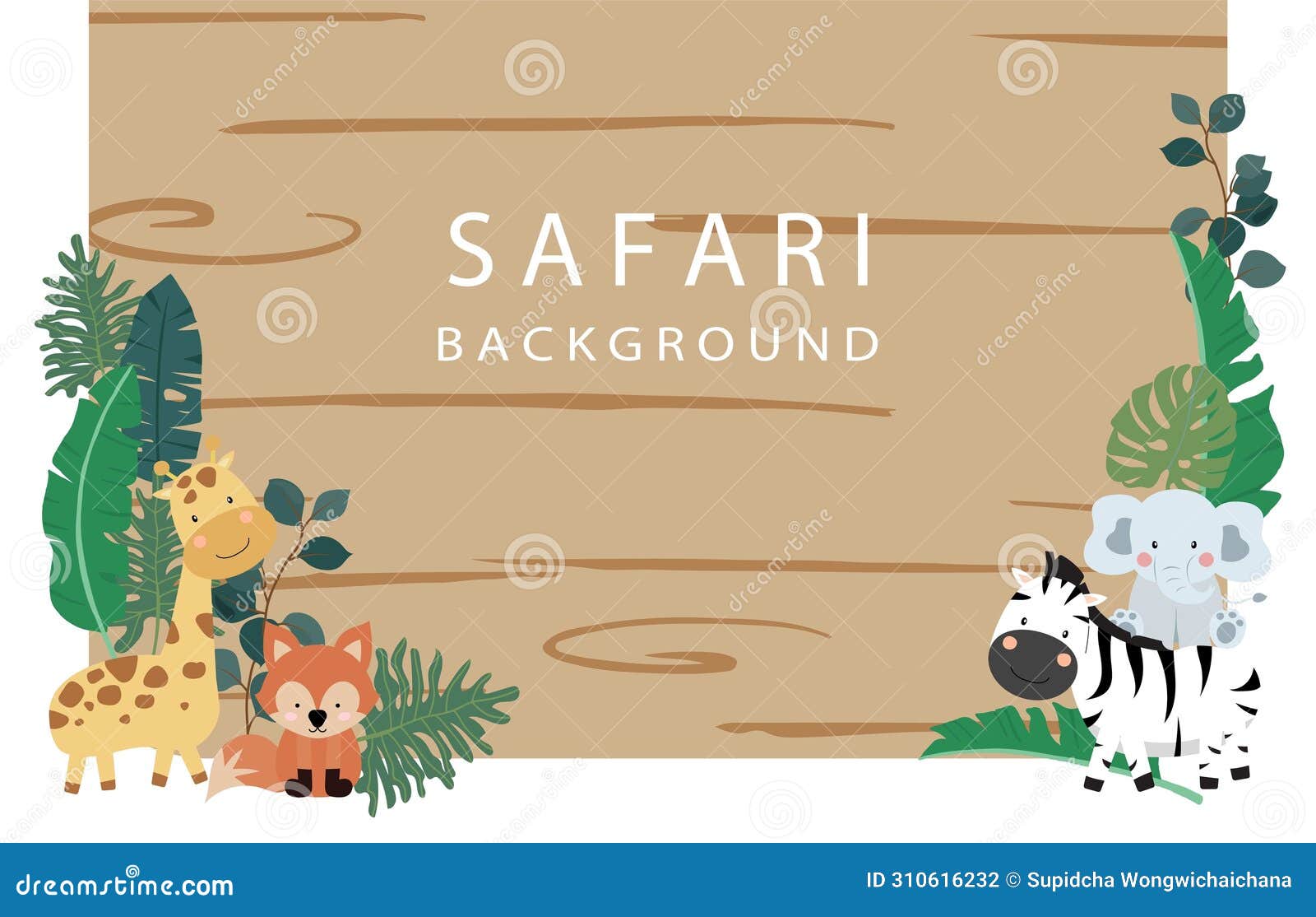 Safari Banner with Giraffe,elephant,zebra,fox and Leaf Frame Stock ...