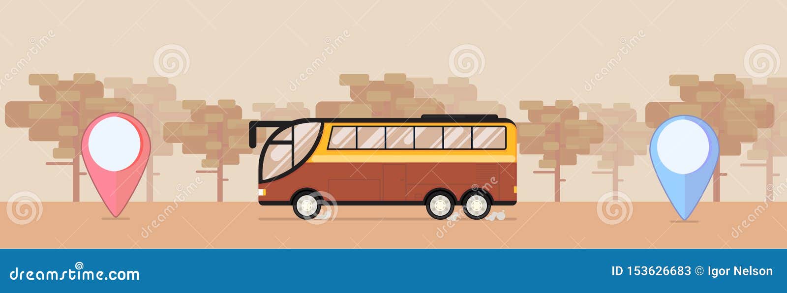 Safari Bus with Desert Background in Flat Style with Points or Mark ...
