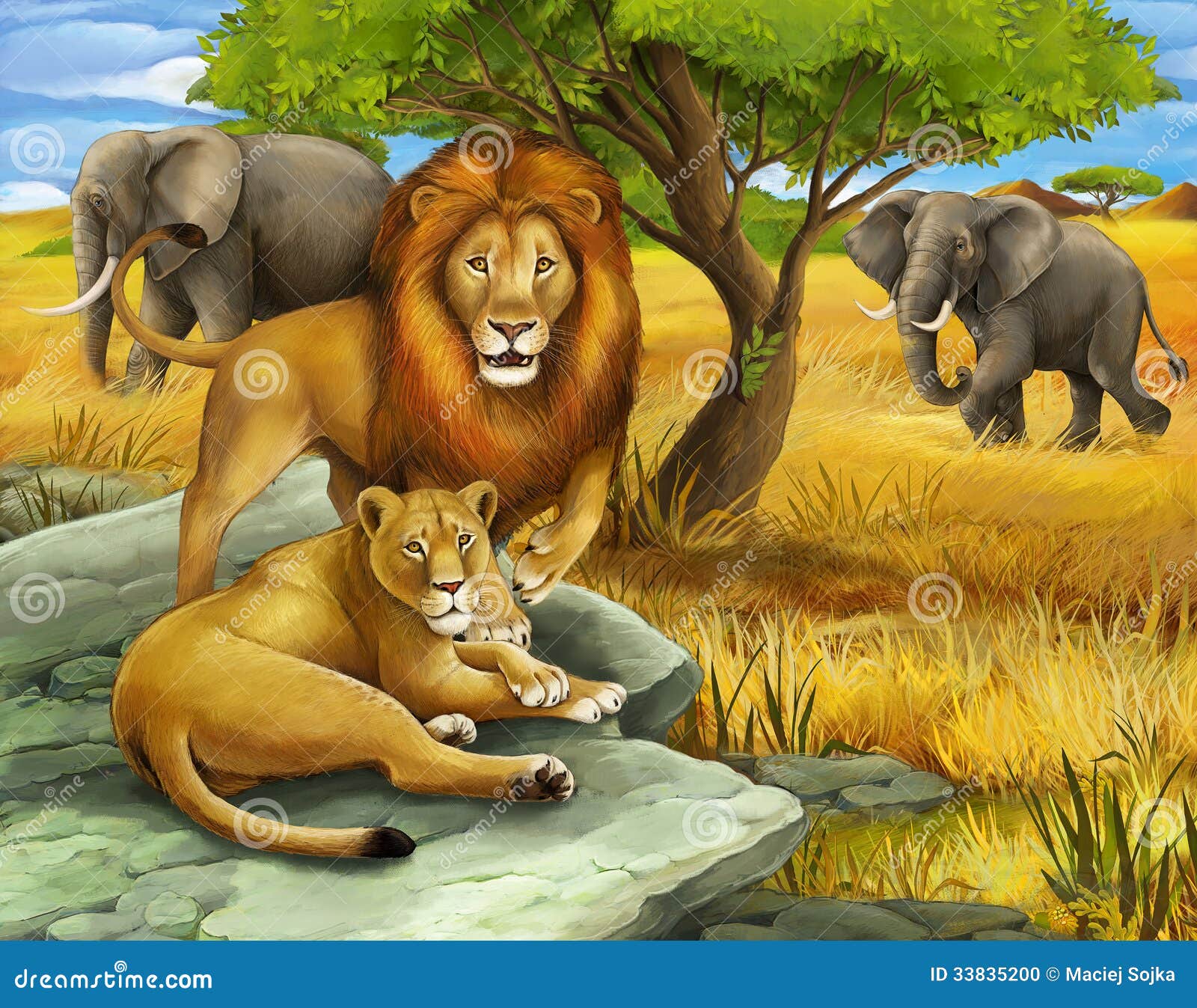 Safari - Leones Y Elefantes Stock de ilustración - Ilustración de ...