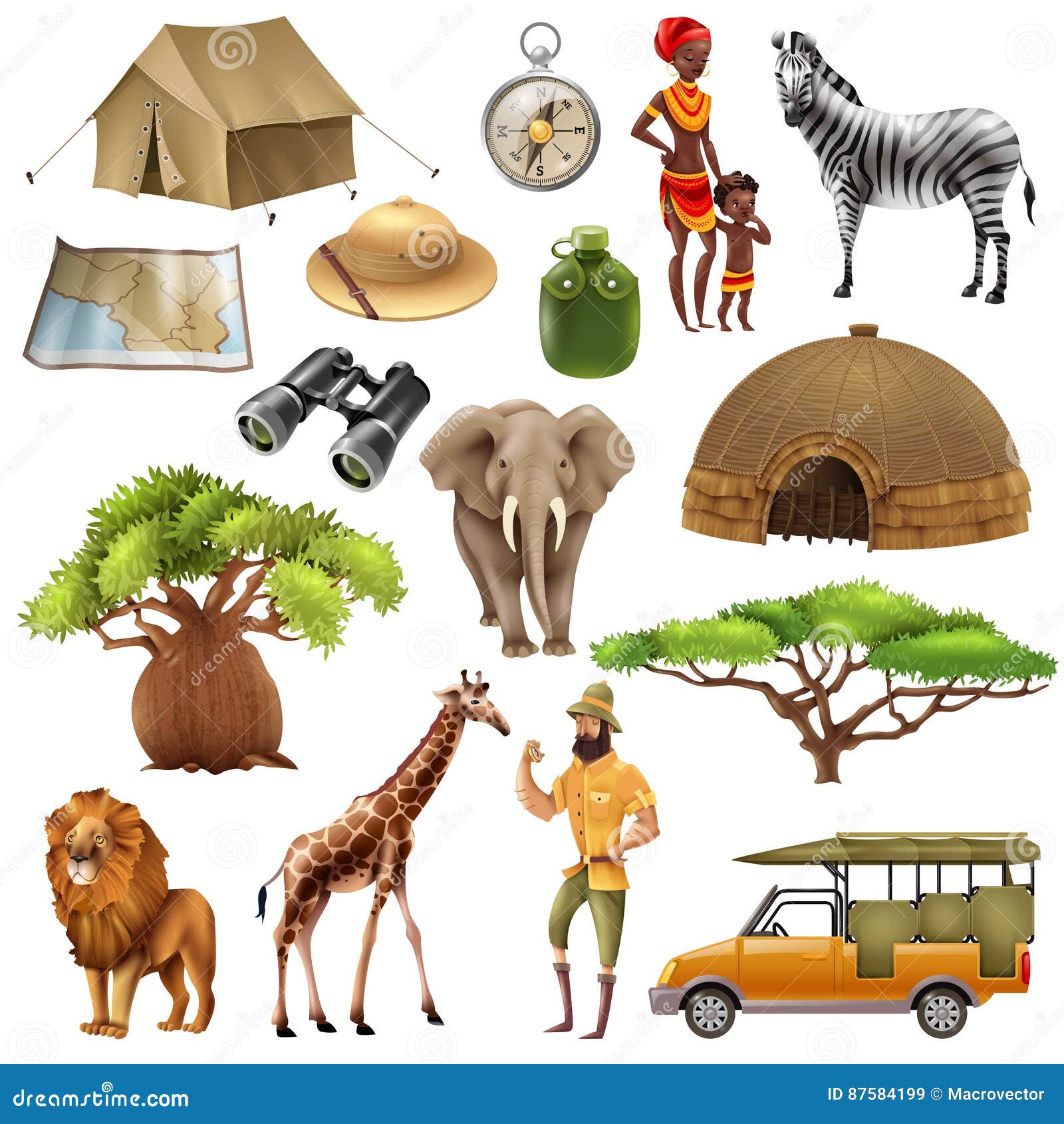 Safari Object Collection With Giraffe, Zebra,tiger,car,gift.Vector ...