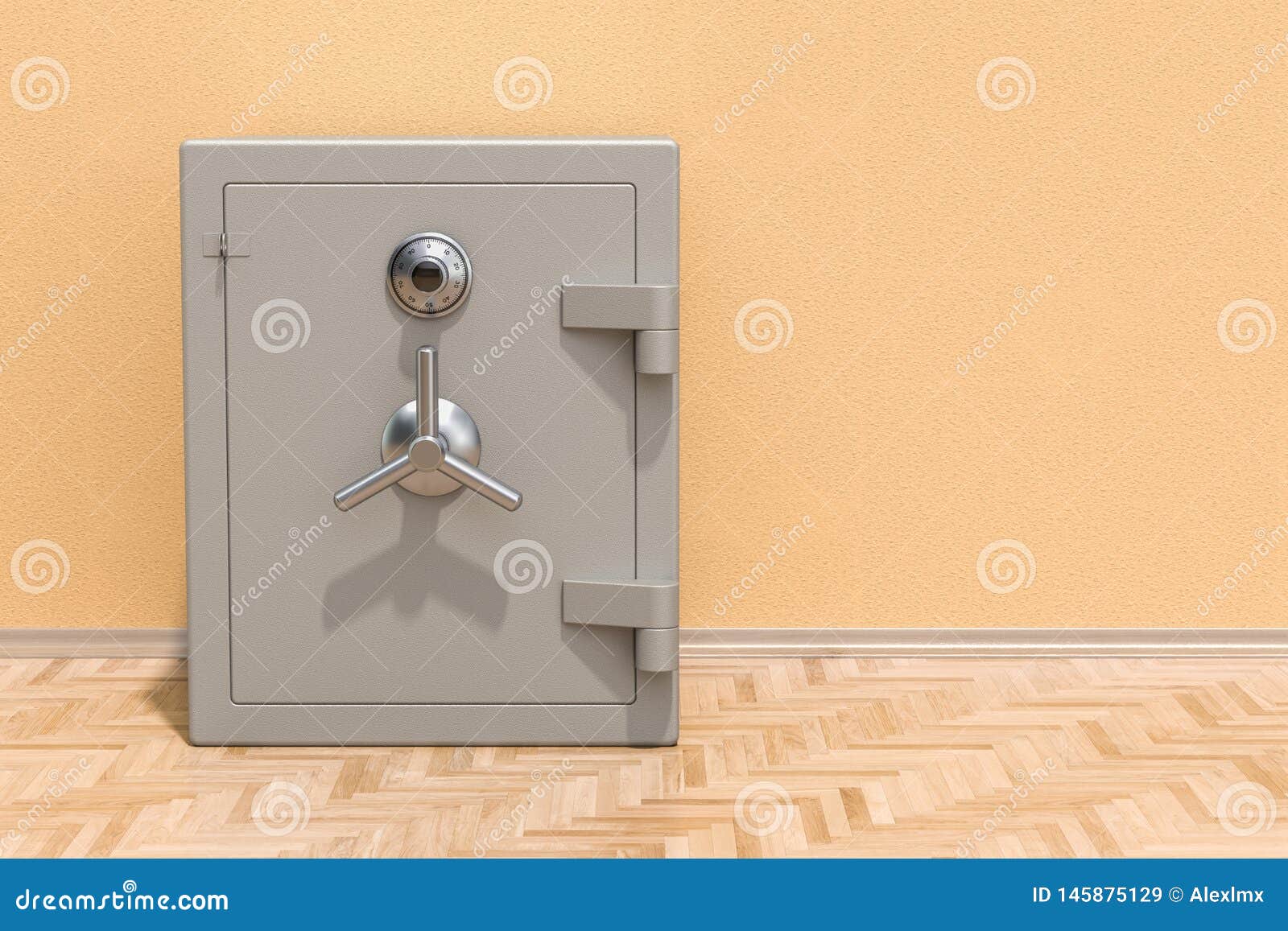 Safe Box with Combination Lock on the Floor in the Room, 3D Rendering ...