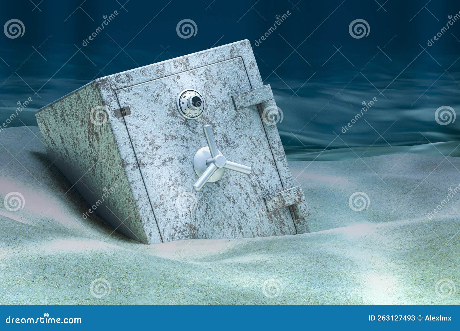 Safe Box on Ocean Bottom Underwater. 3D Rendering Stock Illustration ...