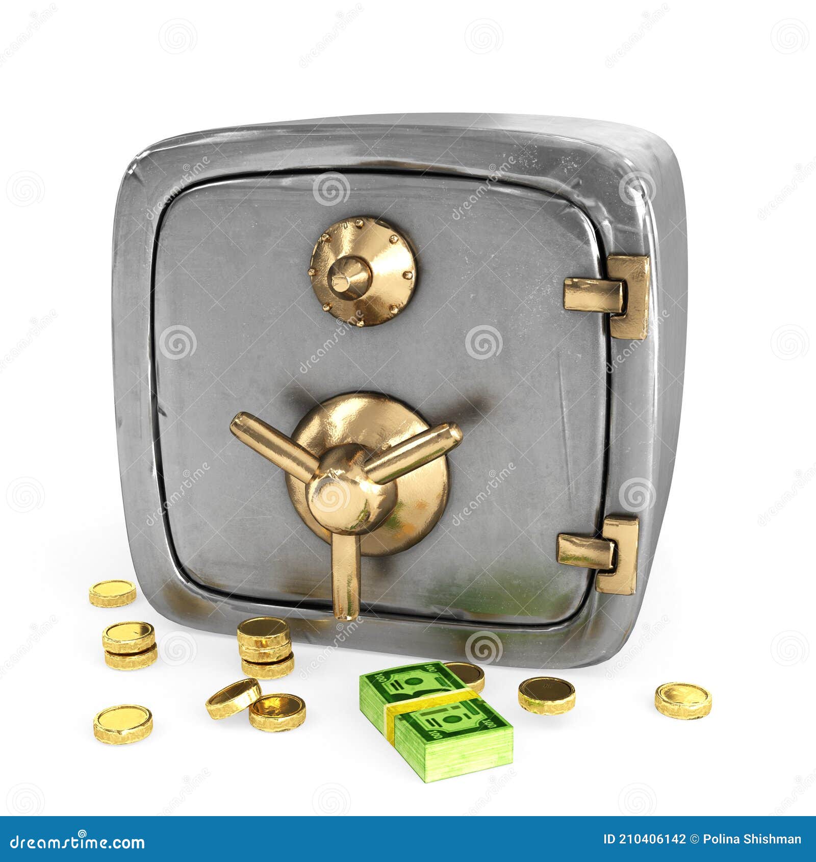 Safe Cartoon Toy with Coins and Stack of Bills Isolated on White Stock ...