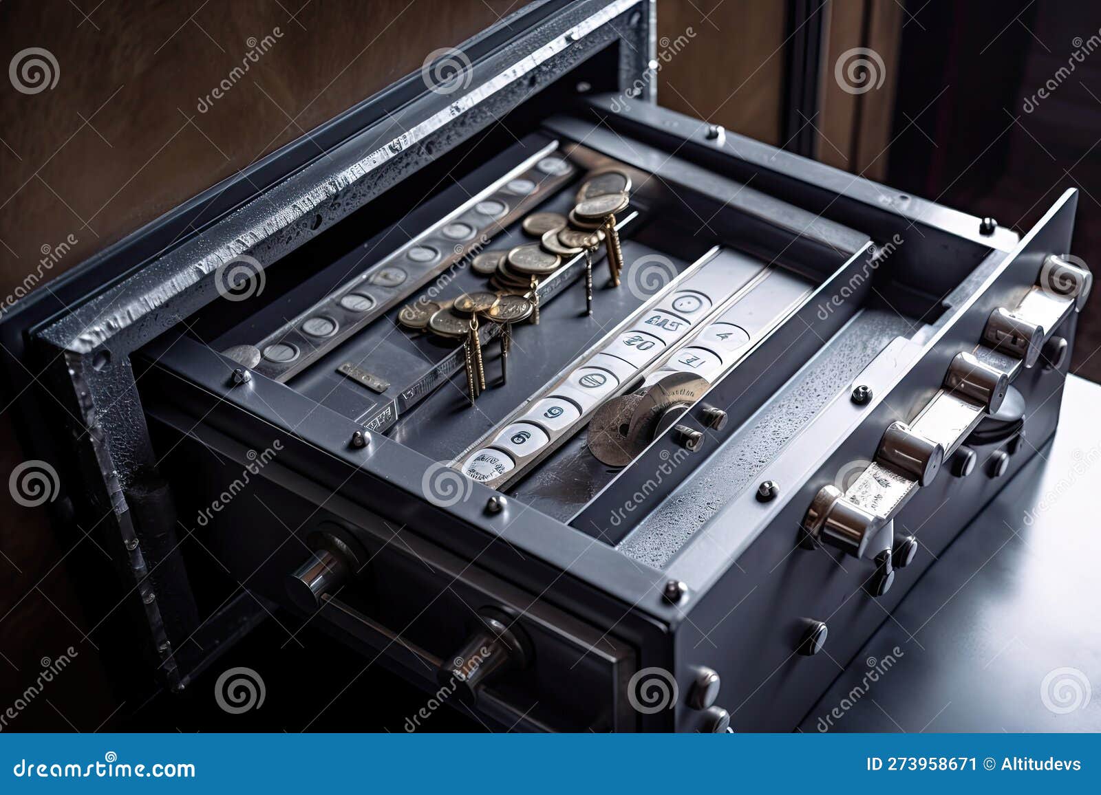 Safe Deposit Box with Combination Lock, Key, and Documents Inside Stock ...