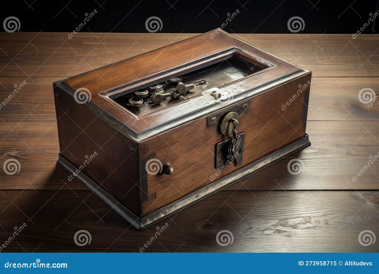 Safe Deposit Box, with Key and Combination Visible, on Wooden Table ...