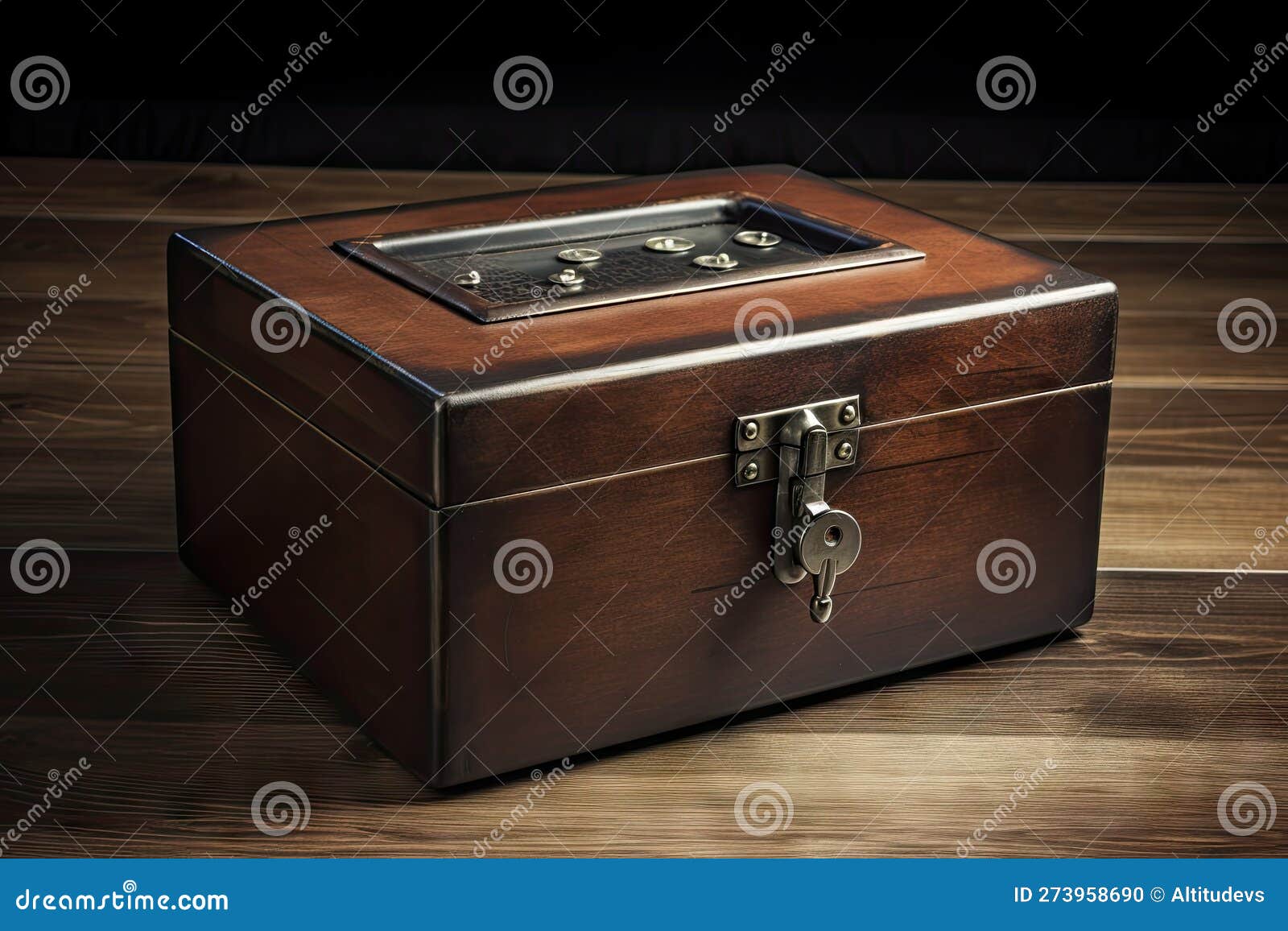 Safe Deposit Box, with Key and Lock in View, on Wooden Surface Stock ...