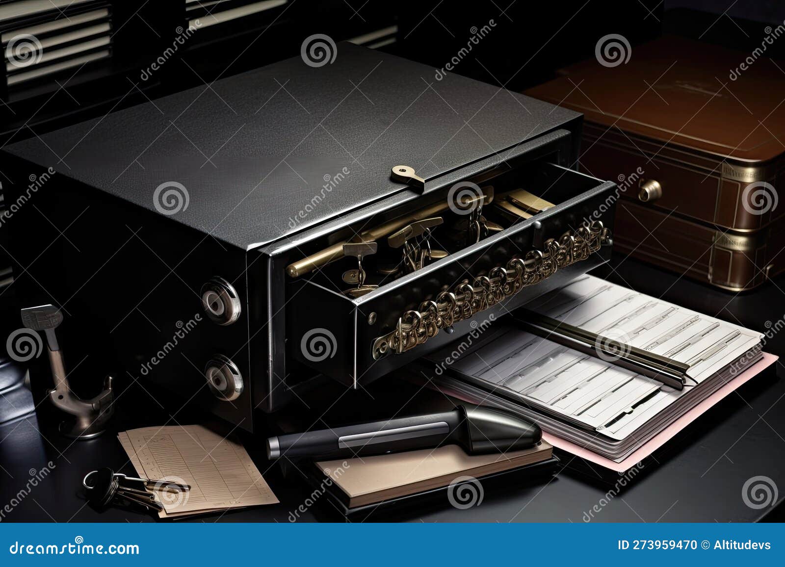 Safe Deposit Box, with Key Visible on Top, and Stack of Important ...