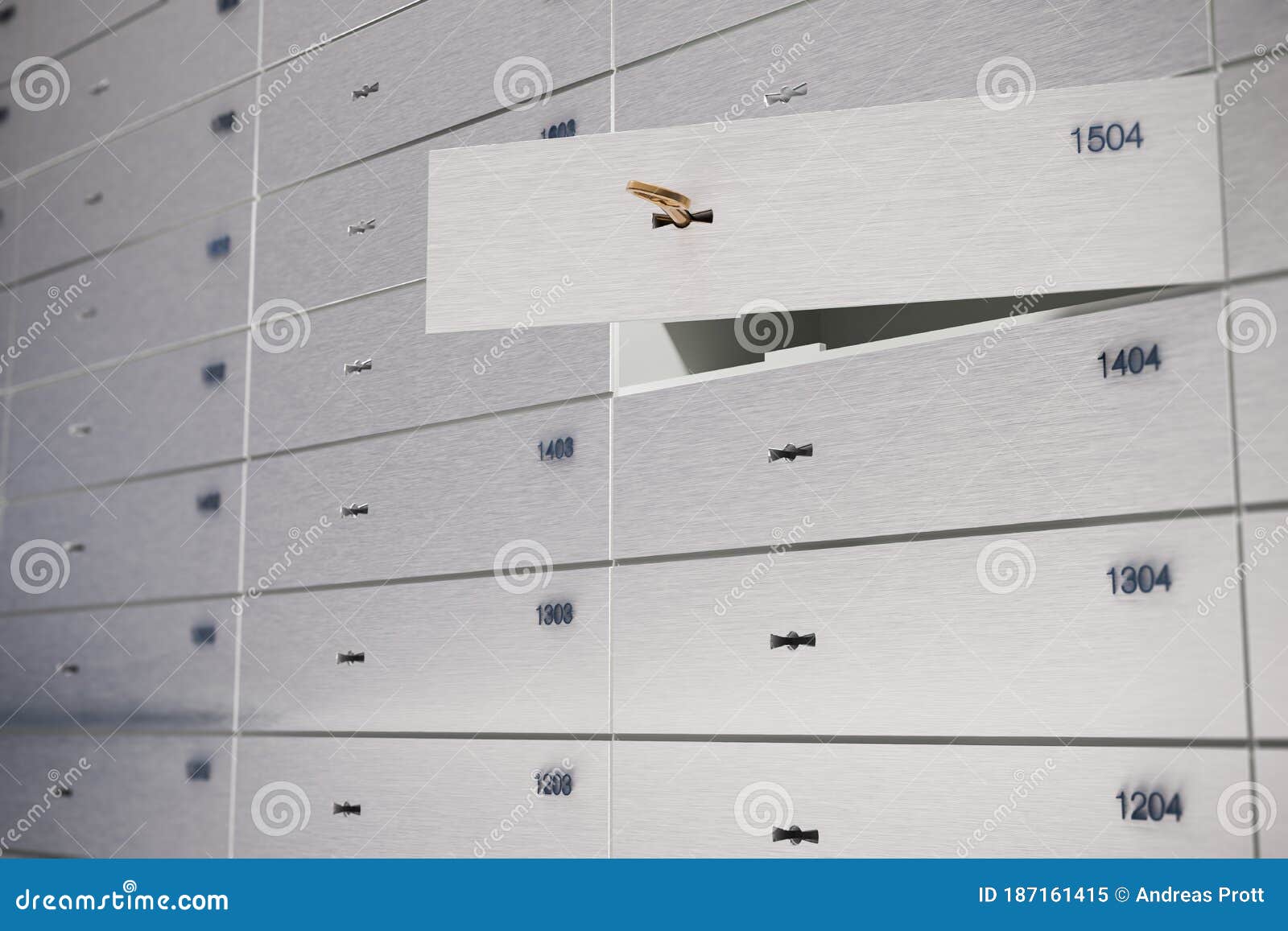 Safe Deposit Boxes Made from Brushed Metal, One Box Open and Key ...
