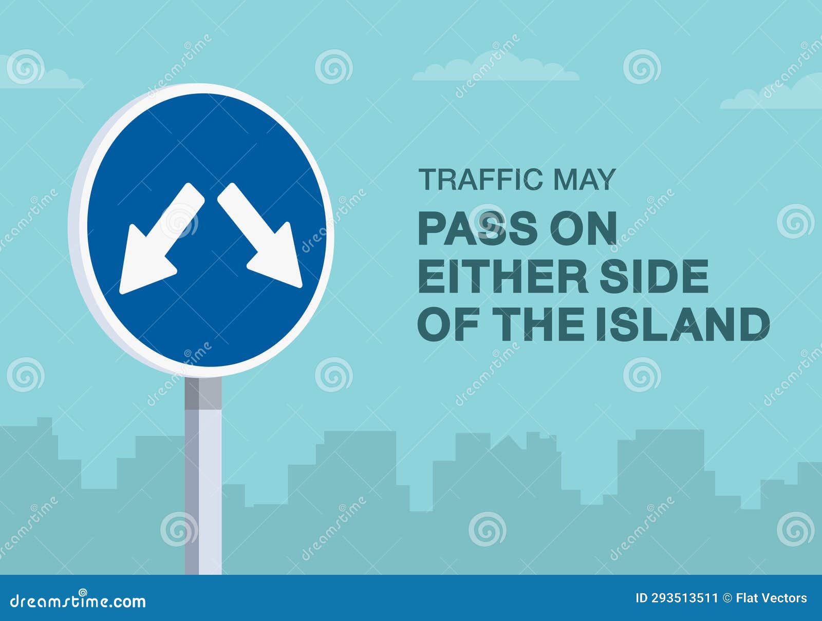 Traffic May Pass On Either Side Of The Island Road Sign Close Up View Stock Vector