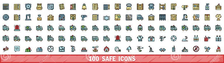 100 Safe Icons Set, Color Line Style Stock Vector - Illustration of ...