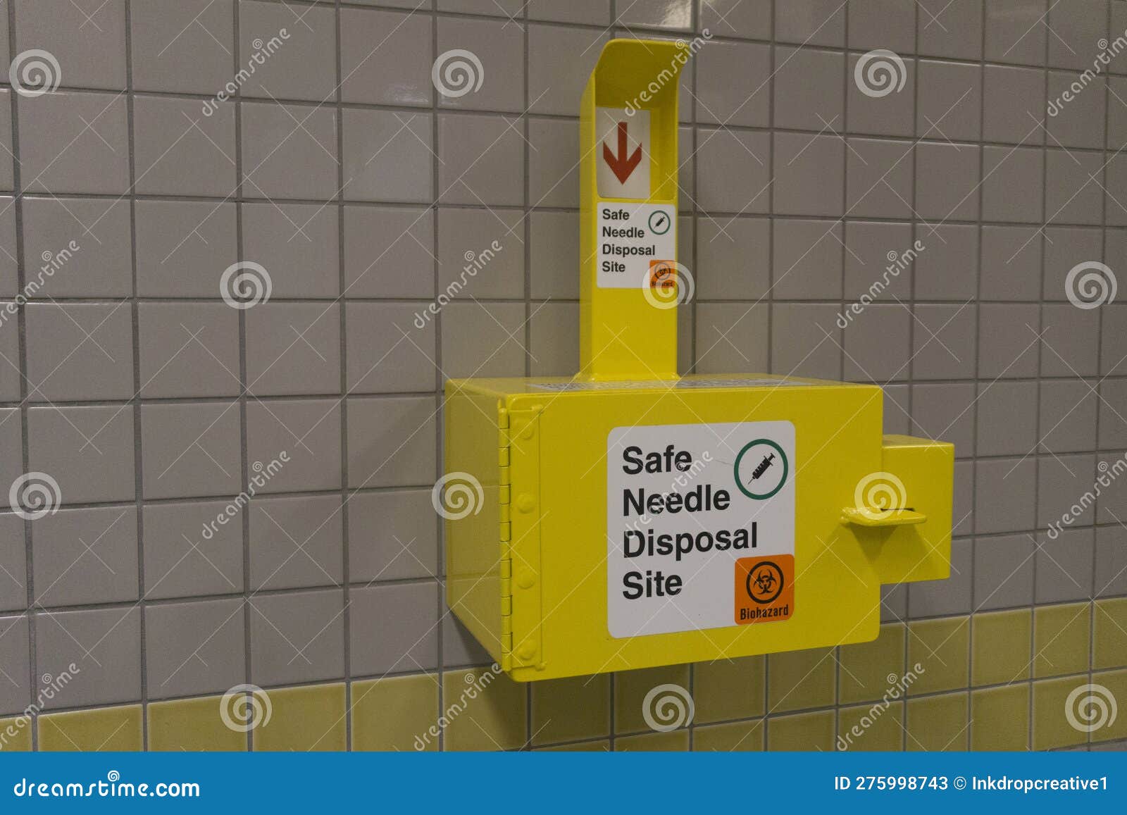 Safe Medical Needle Disposal Container on a Toilet Wall Stock Image ...