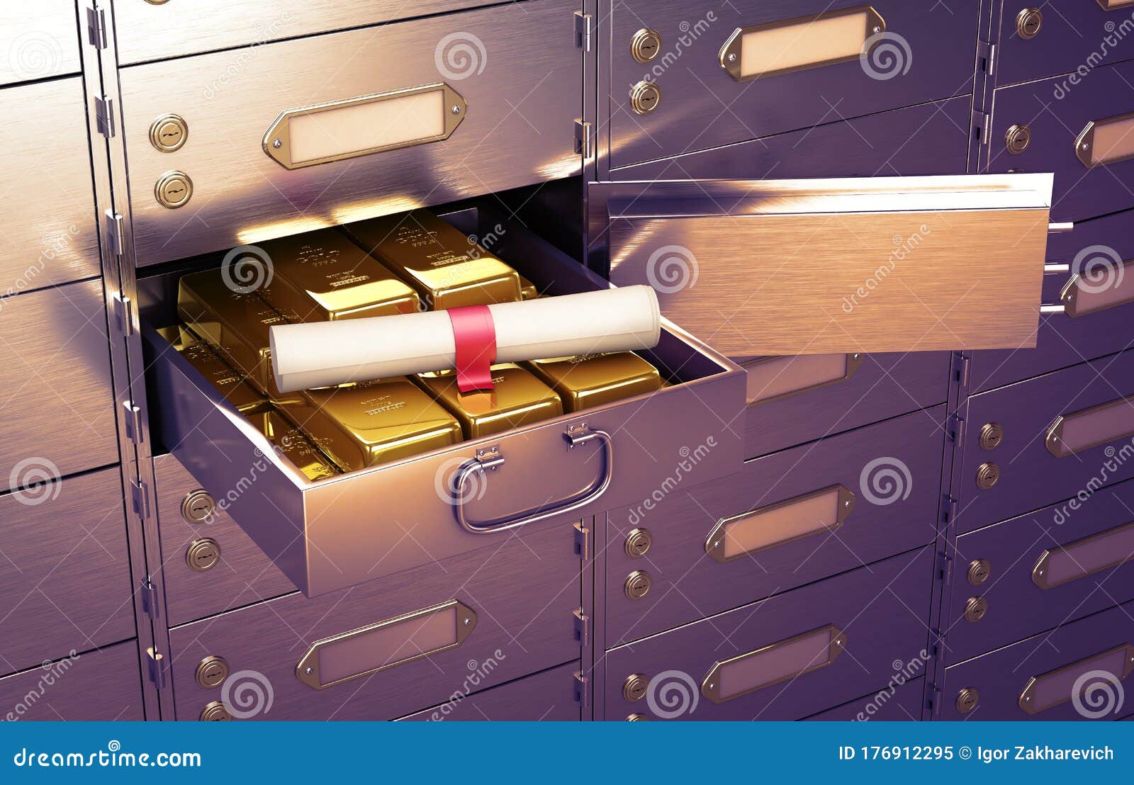 Safe with an Open Cell, Full of Gold Bars on Which Lies the Document in ...