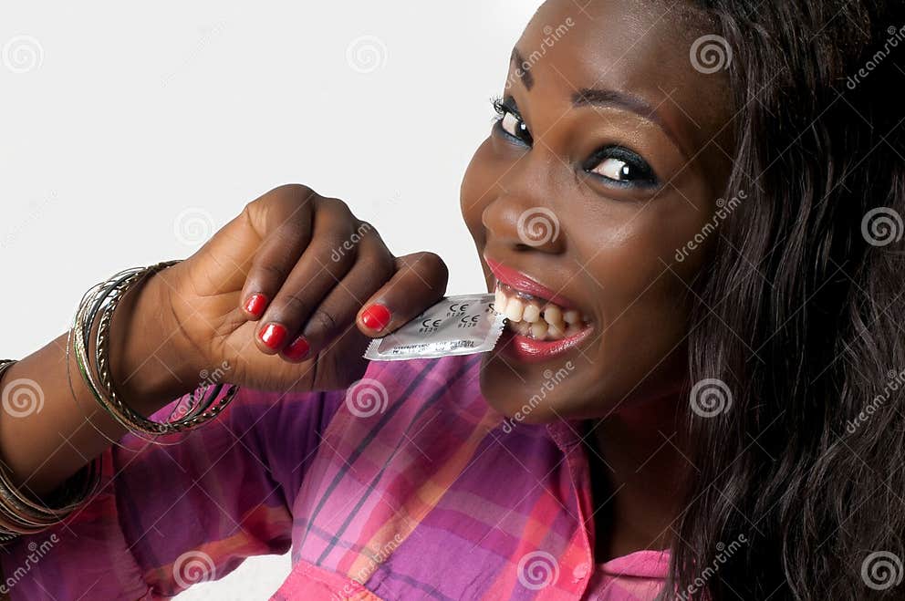 African American Girl Biting Condom Safe Sex Stock Image Image Of