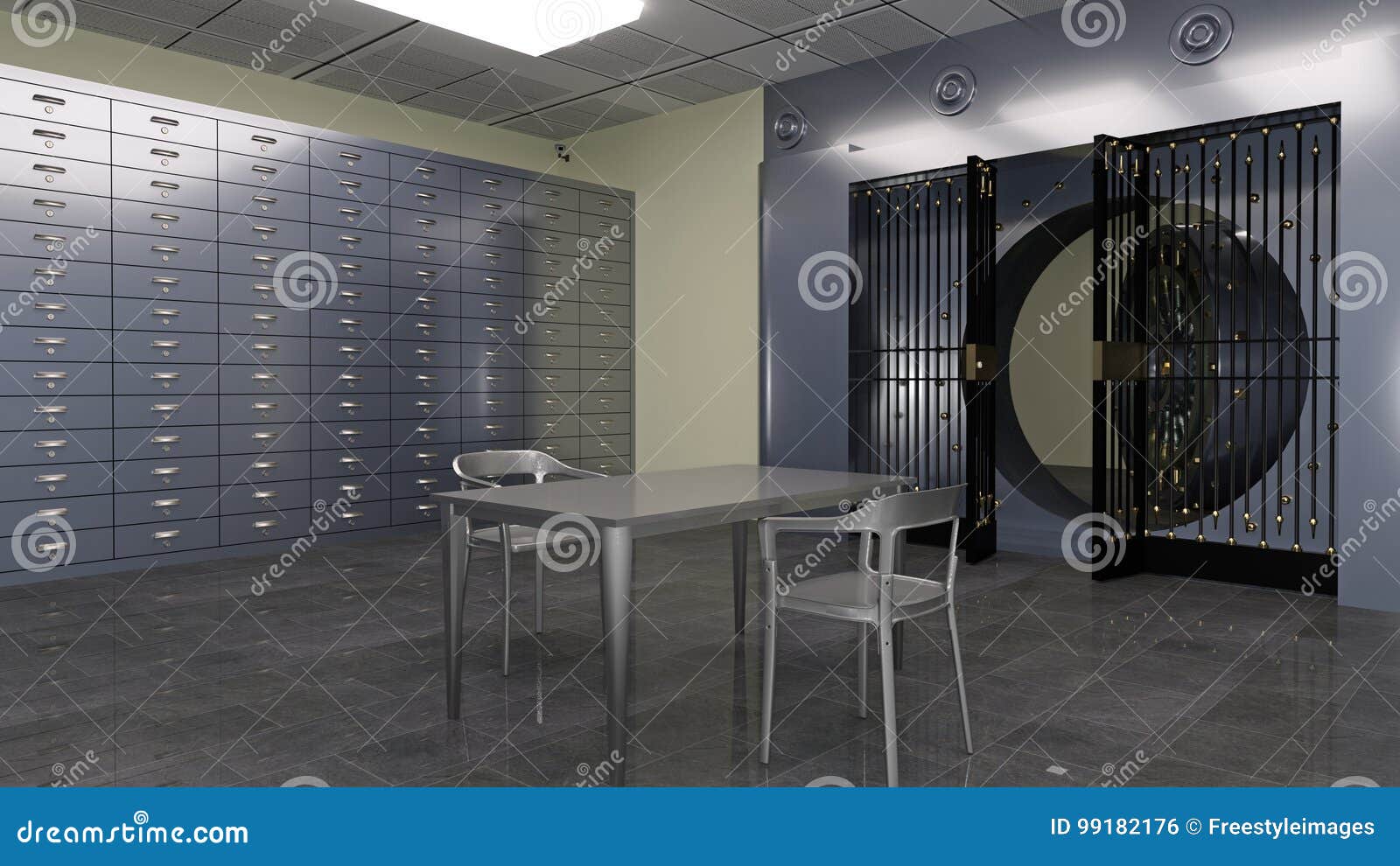 Safe Vault, Inside of a Bank Vault with Deposit Boxes and Metal Table ...