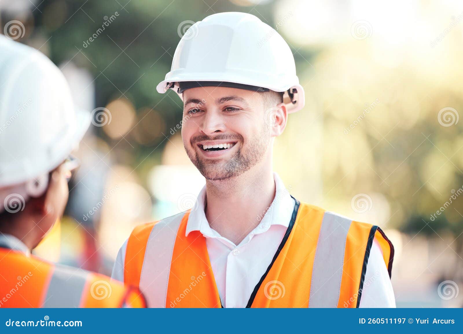 Safety, Architecture and Happy Engineer at a Construction Site Talking ...