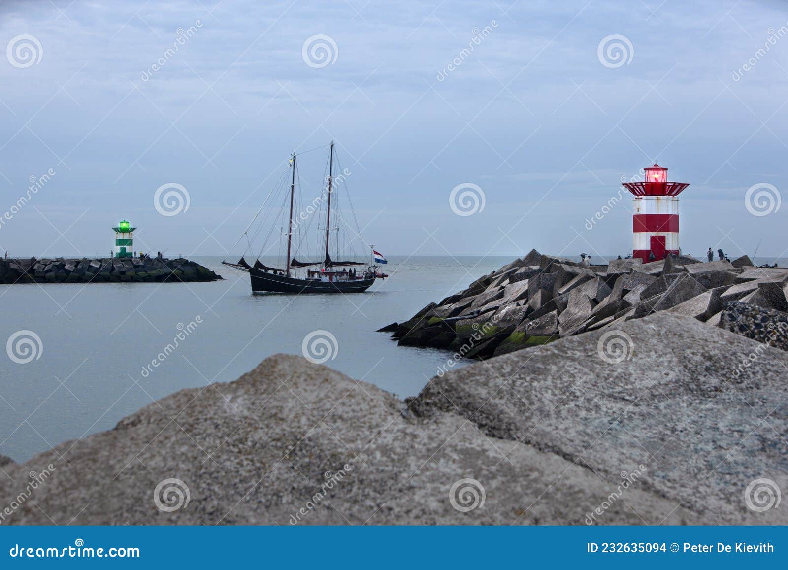 Safety Beacons and a Ship in Scheveningen Stock Photo - Image of town ...
