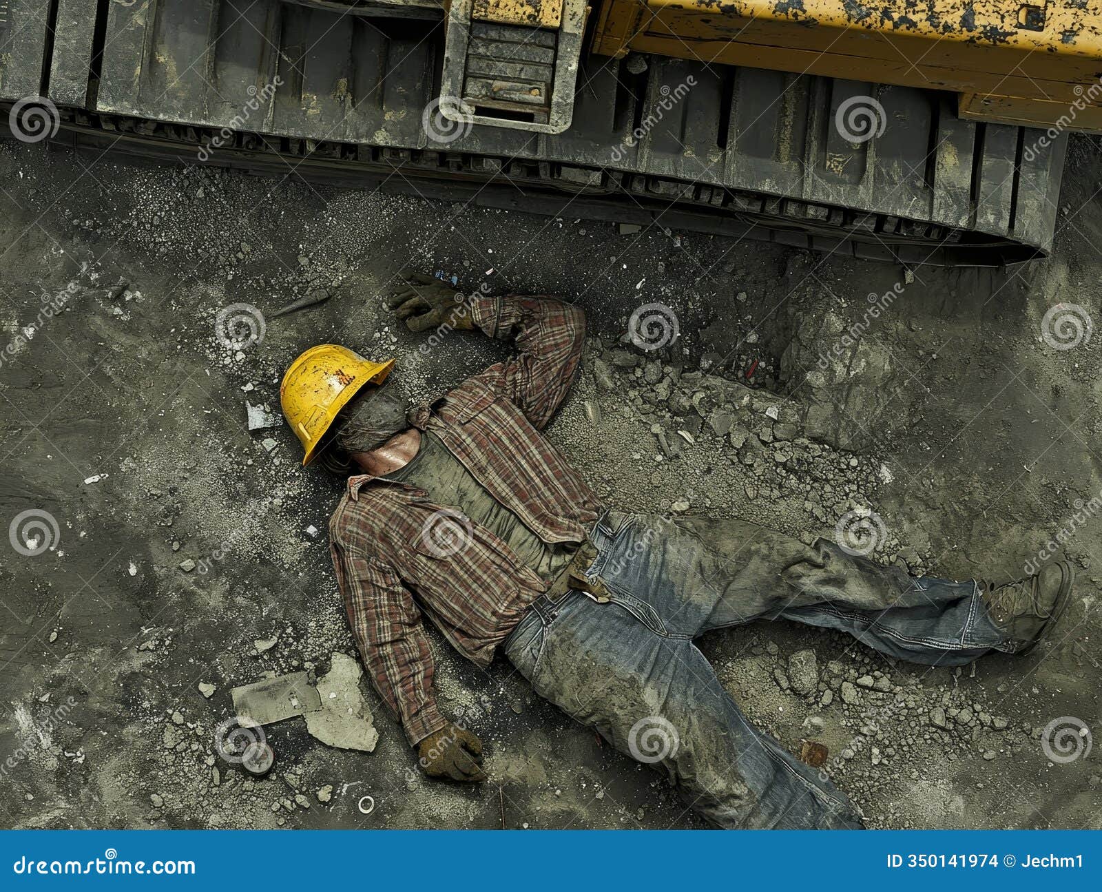 Safety Concept, Construction Worker Lying Face Down after Workplace ... Safety Concept, Construction Worker Lying Face Down after Workplace ...