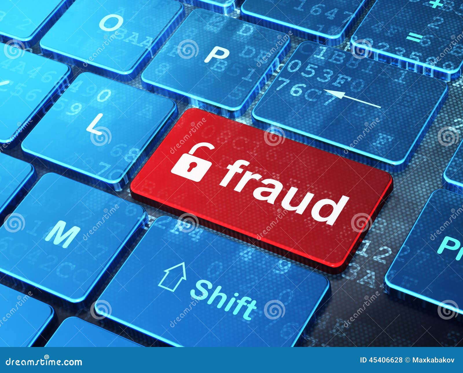 Safety Concept: Opened Padlock and Fraud on Computer Keyboard Ba Stock ...