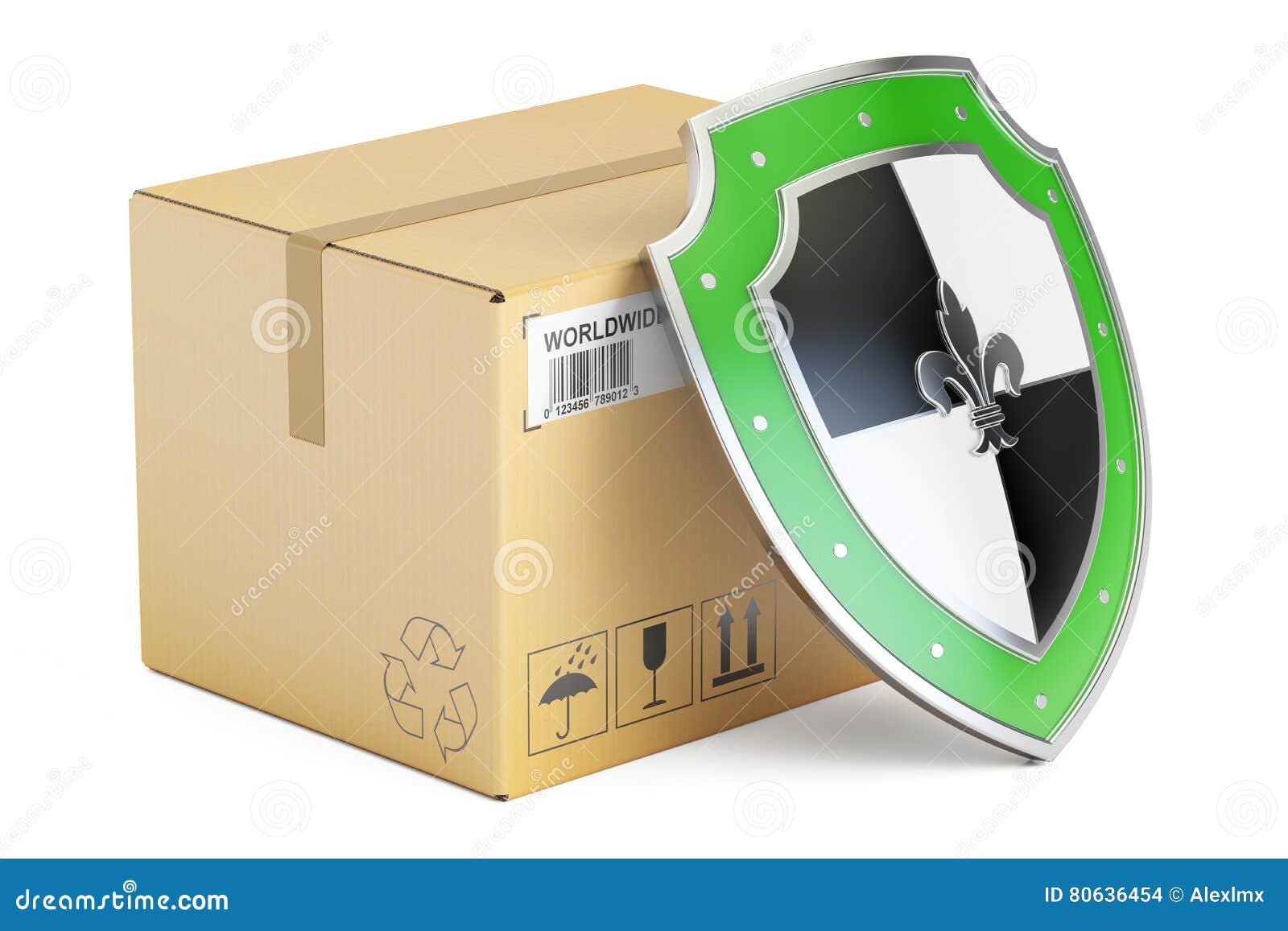 Safety Delivery Concept, Shield with Cardboard Box Parcel. 3D Re Stock ...
