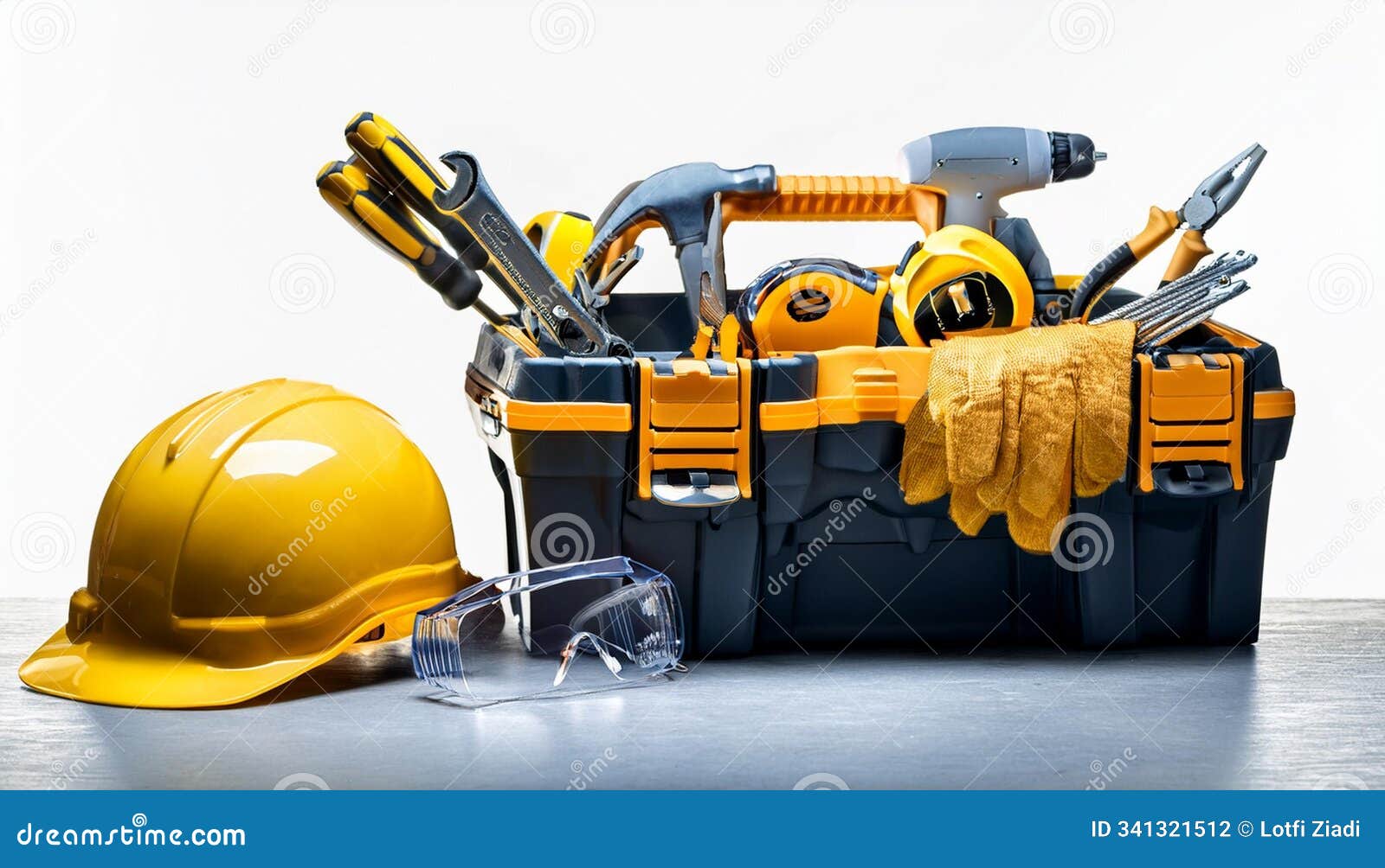 Safety Equipment Near Toolbox with Various Worktools Stock Illustration ...
